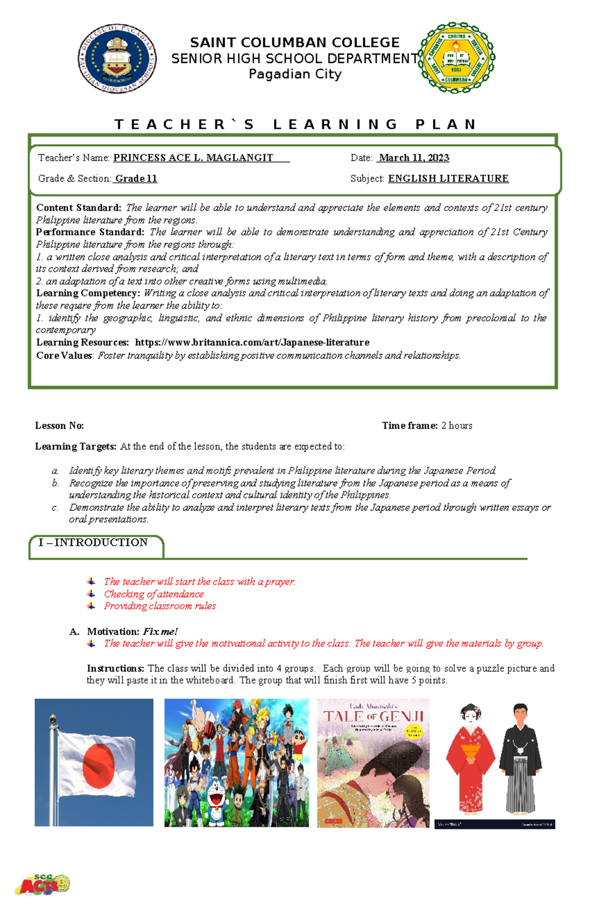 Lesson Plan- Japanese Literature - SENIOR HIGH SCHOOL DEPARTMENT ...