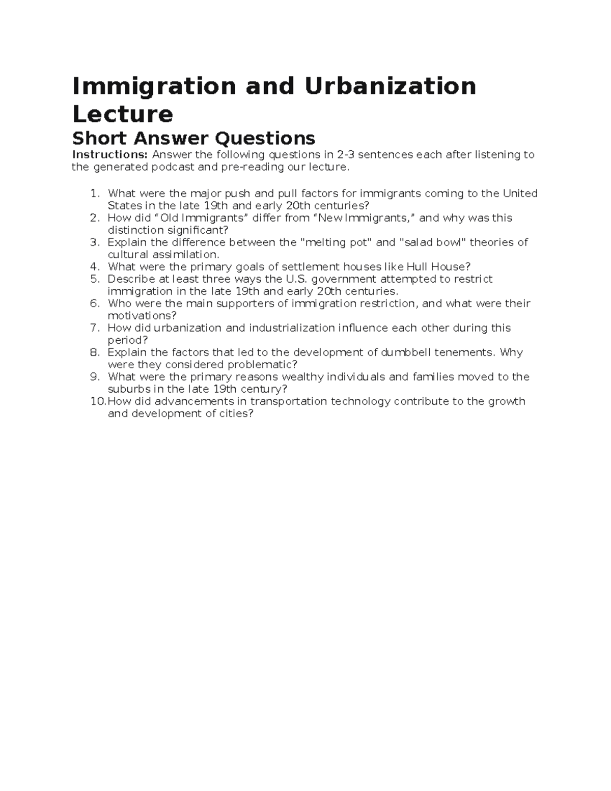Immigration And Urbanization Homework 2 - Immigration and Urbanization ...