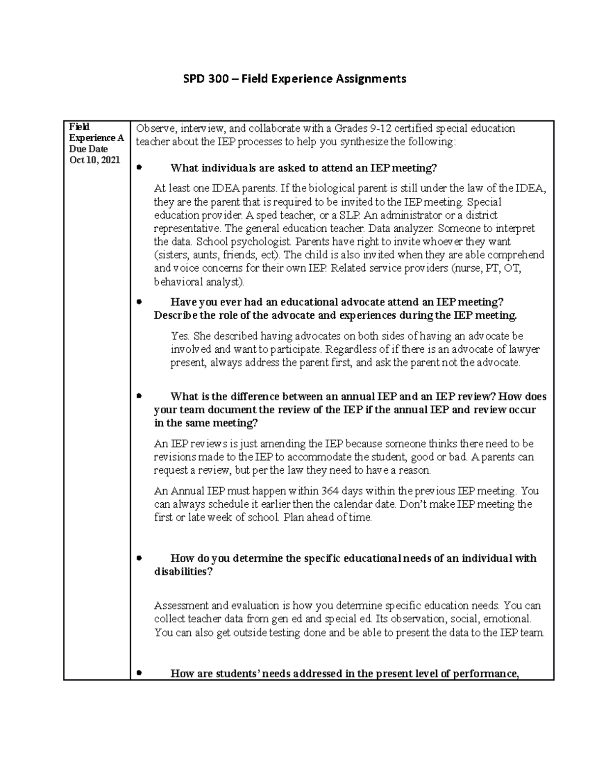 SPD-300 Field Experience A & B Assignments template - SPD 300 – Field ...
