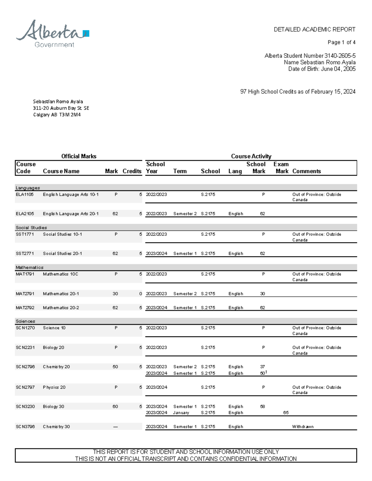 Transcript - Page 1 of 4 THIS REPORT IS FOR STUDENT AND SCHOOL ...