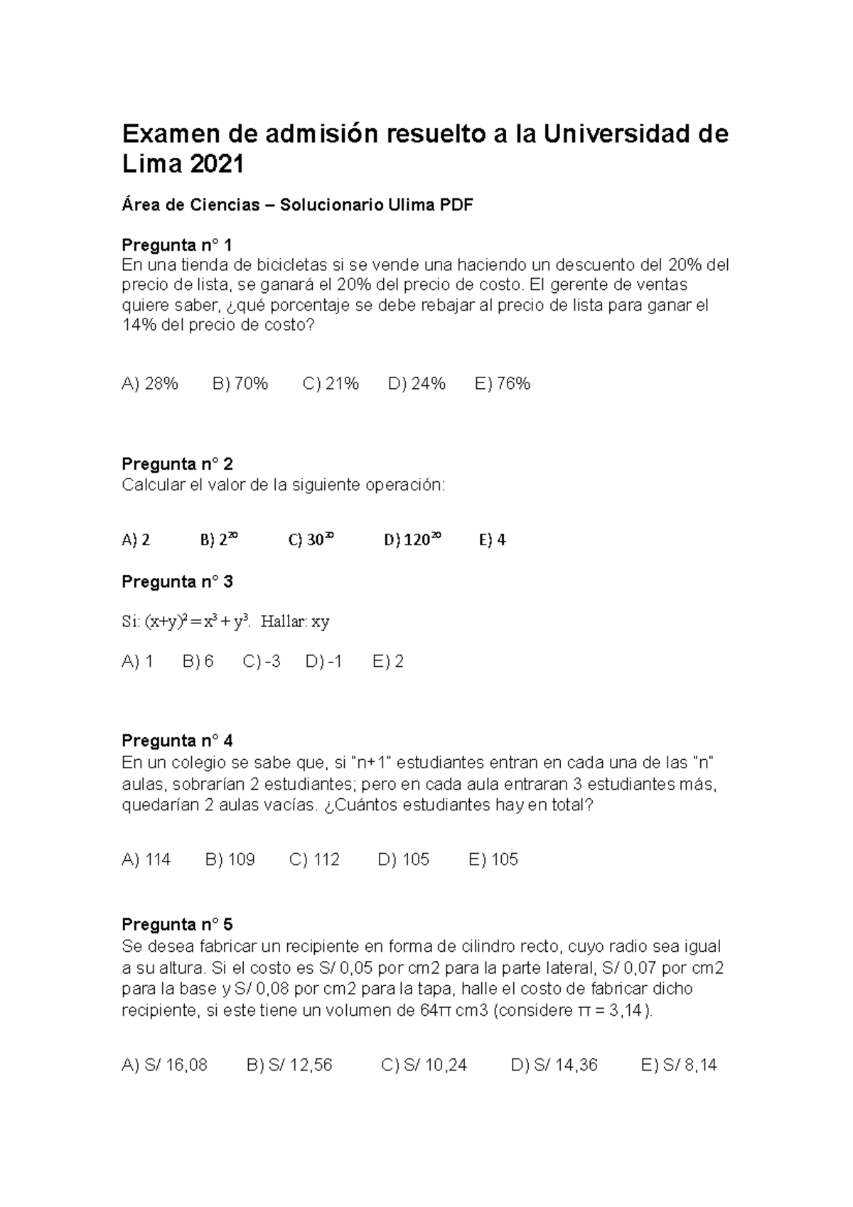 Examen tipo de admisión - Examen de admisión resuelto a la Universidad de Lima 2021 Área de ...