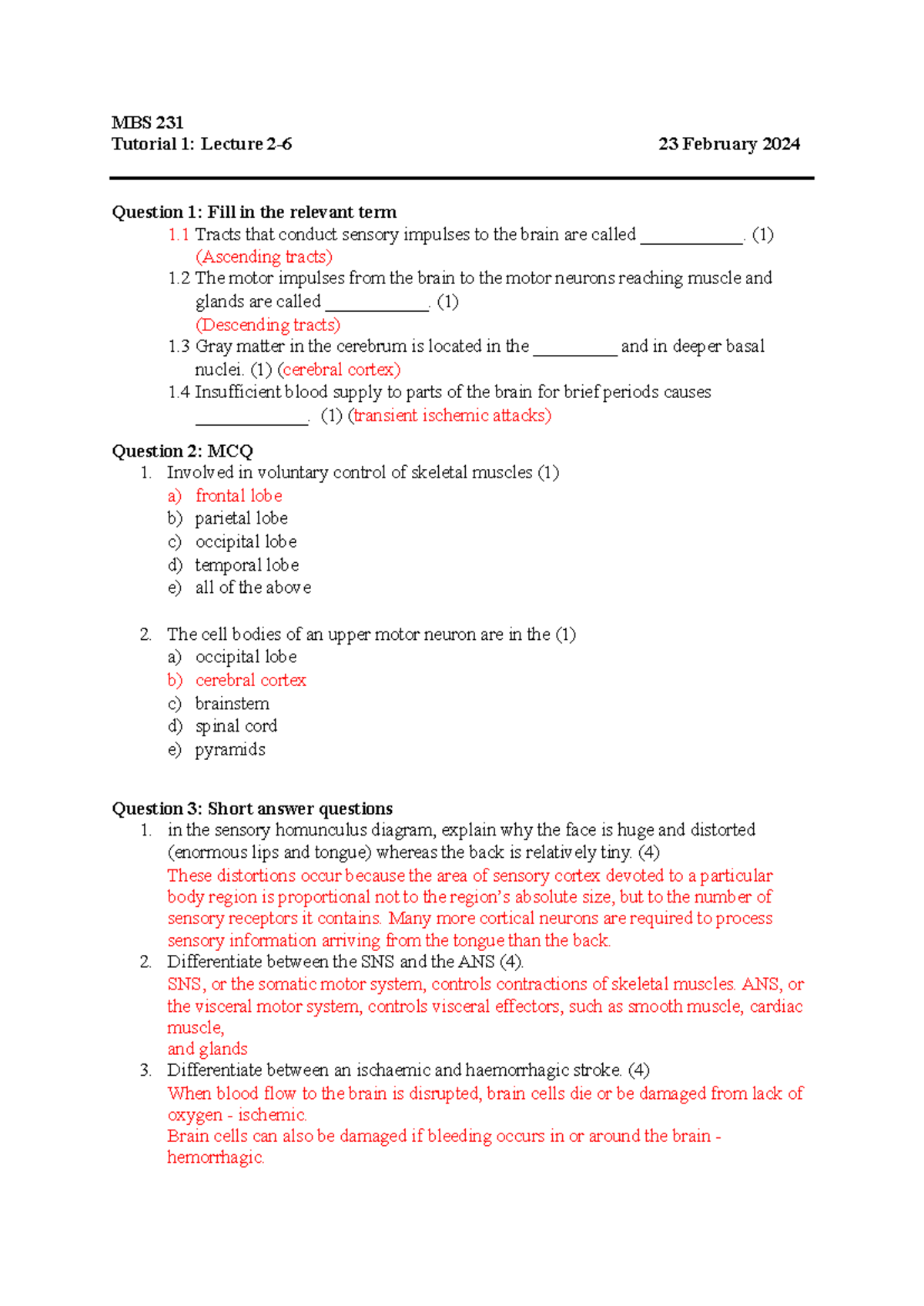 MBS 231 Tutorial 1 Memo - MBS 231 Tutorial 1: Lecture 2-6 23 February ...