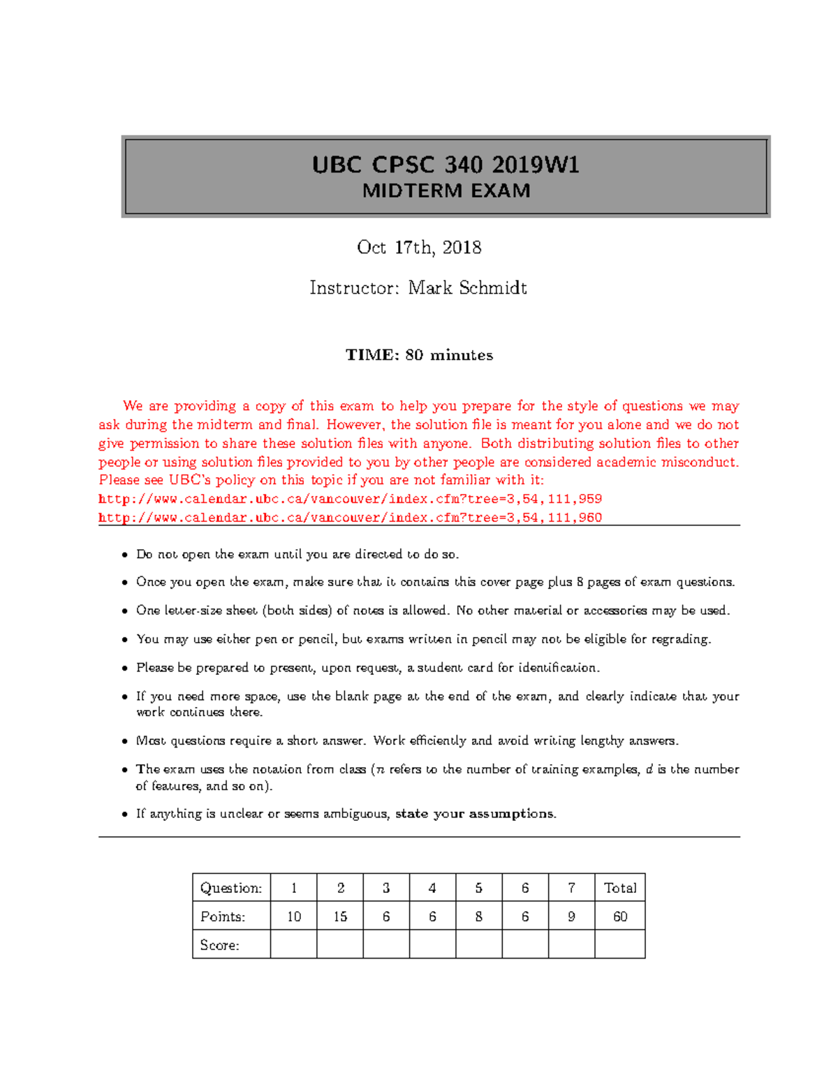 2019 W1midterm - midterm - UBC CPSC 340 2019W MIDTERM EXAM Oct 17th, 2018 Instructor: Mark ...