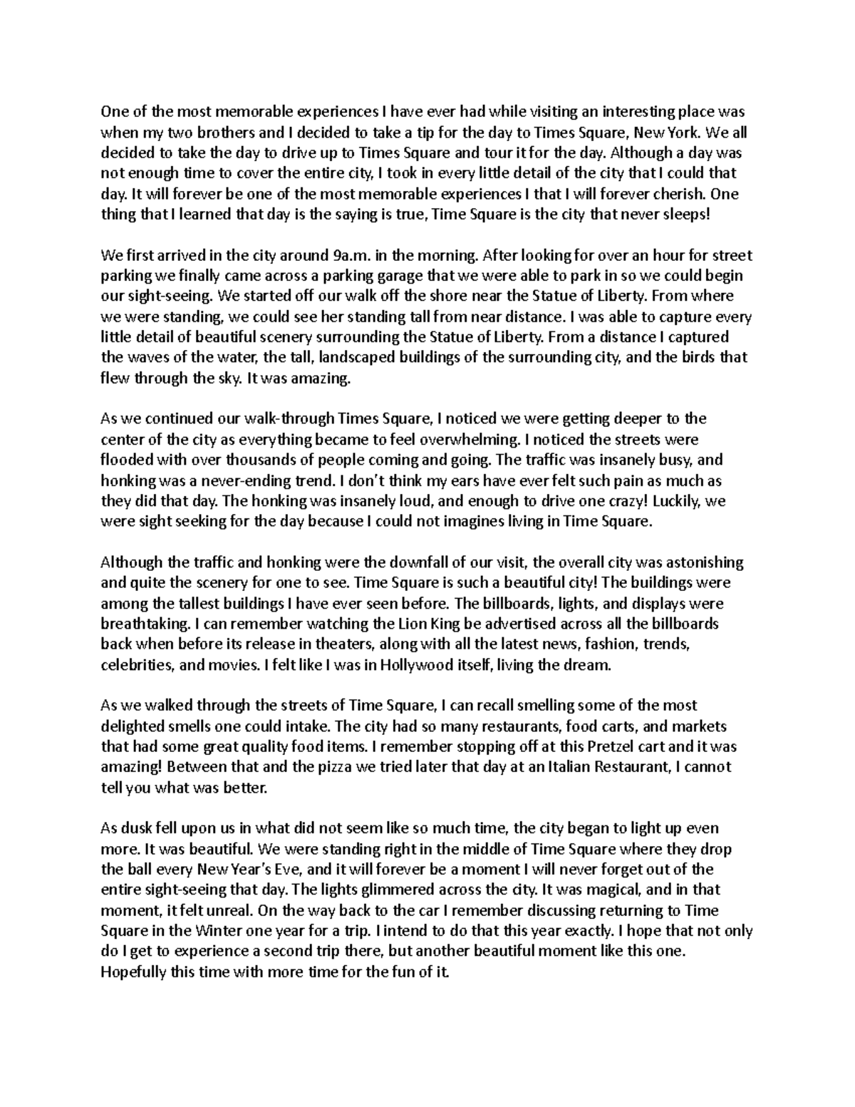 Essay 1 personal Nar - eng 1 lecture notes - One of the most memorable ...
