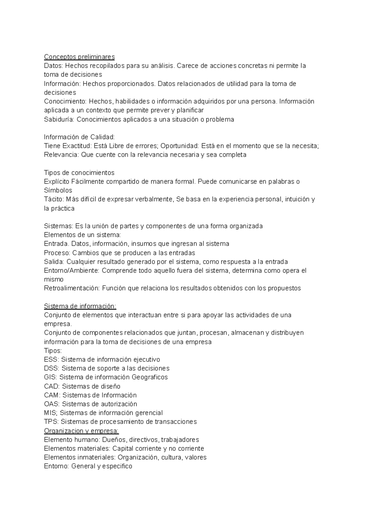 Resumen sistema de informacion 1 - Conceptos preliminares Datos: Hechos recopilados para su ...