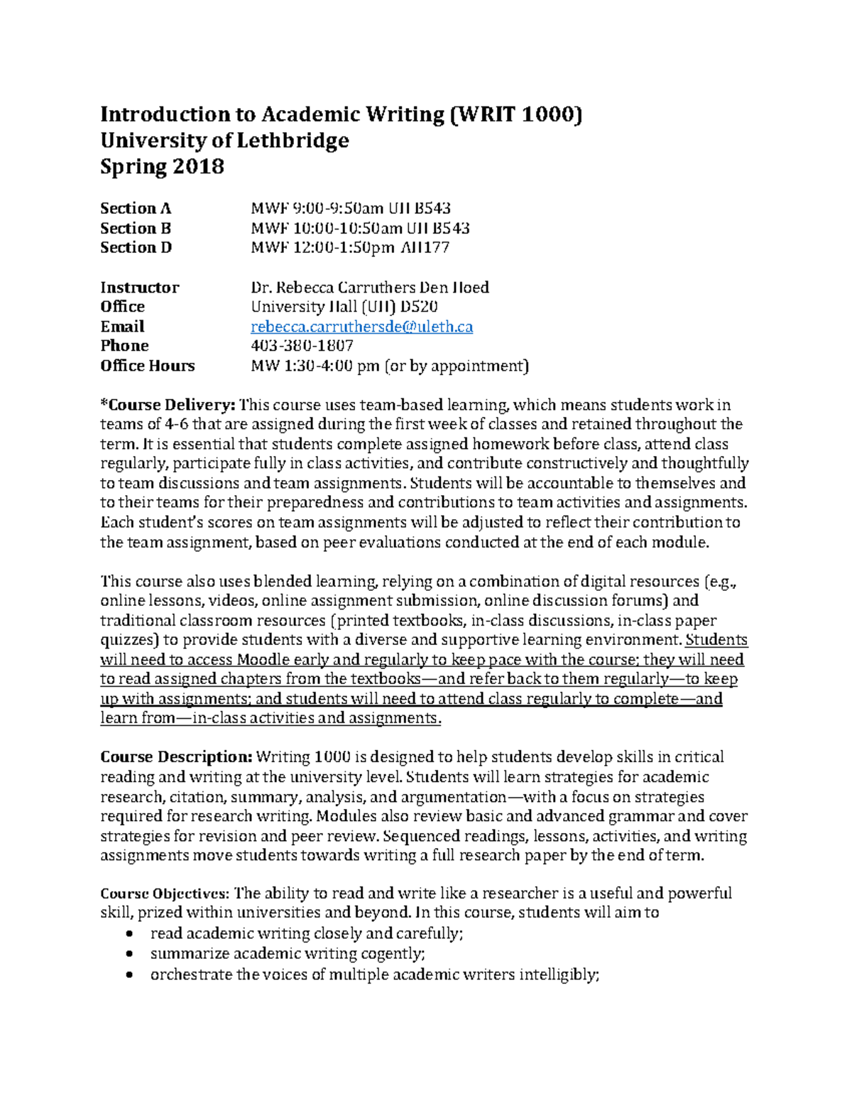 Syllabus Writing 1000 Spring 2018 - Introduction to Academic Writing ...