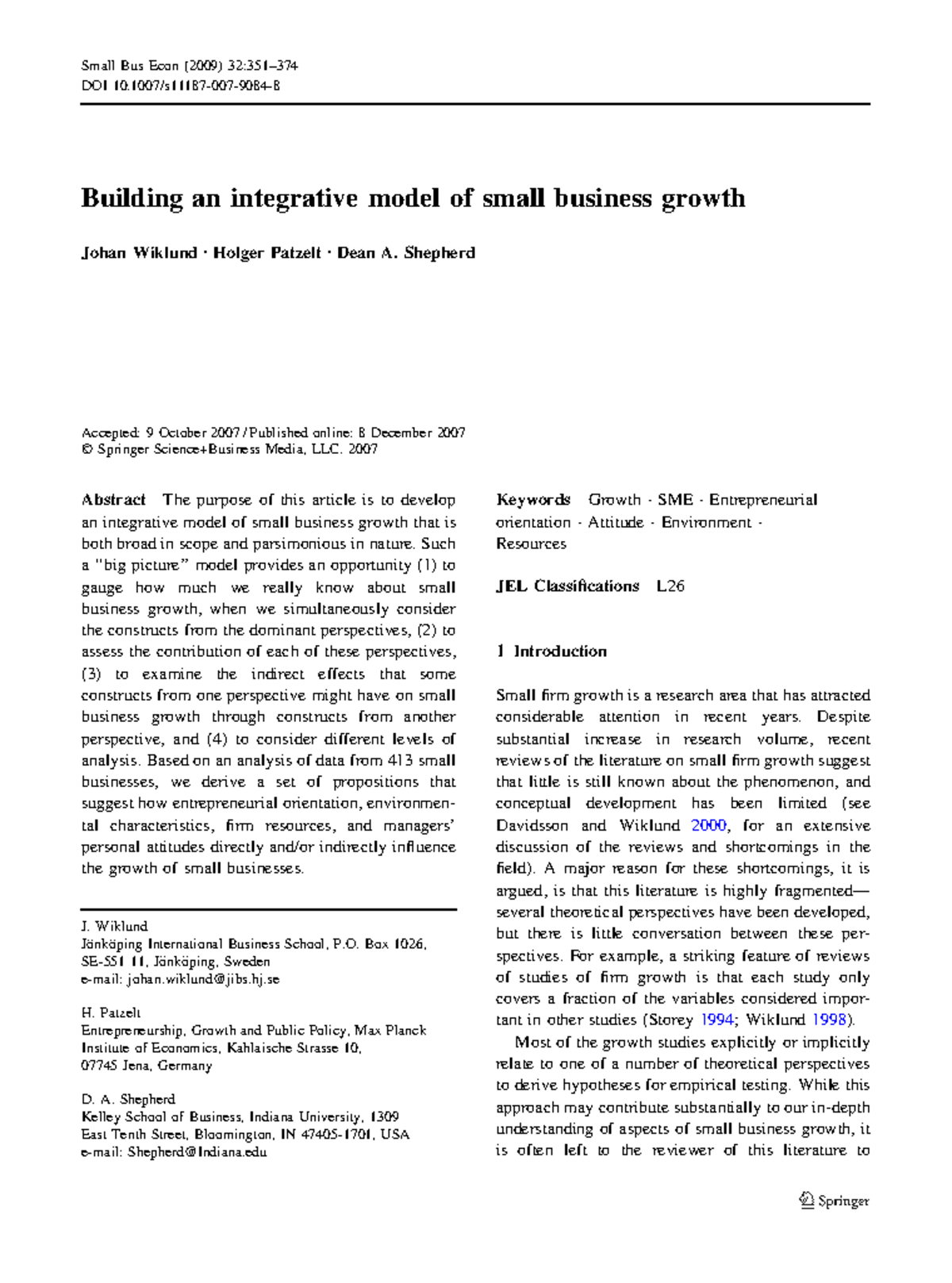Wiklund 2009 Article Building An Integrative Model Of Sm - Building an ...