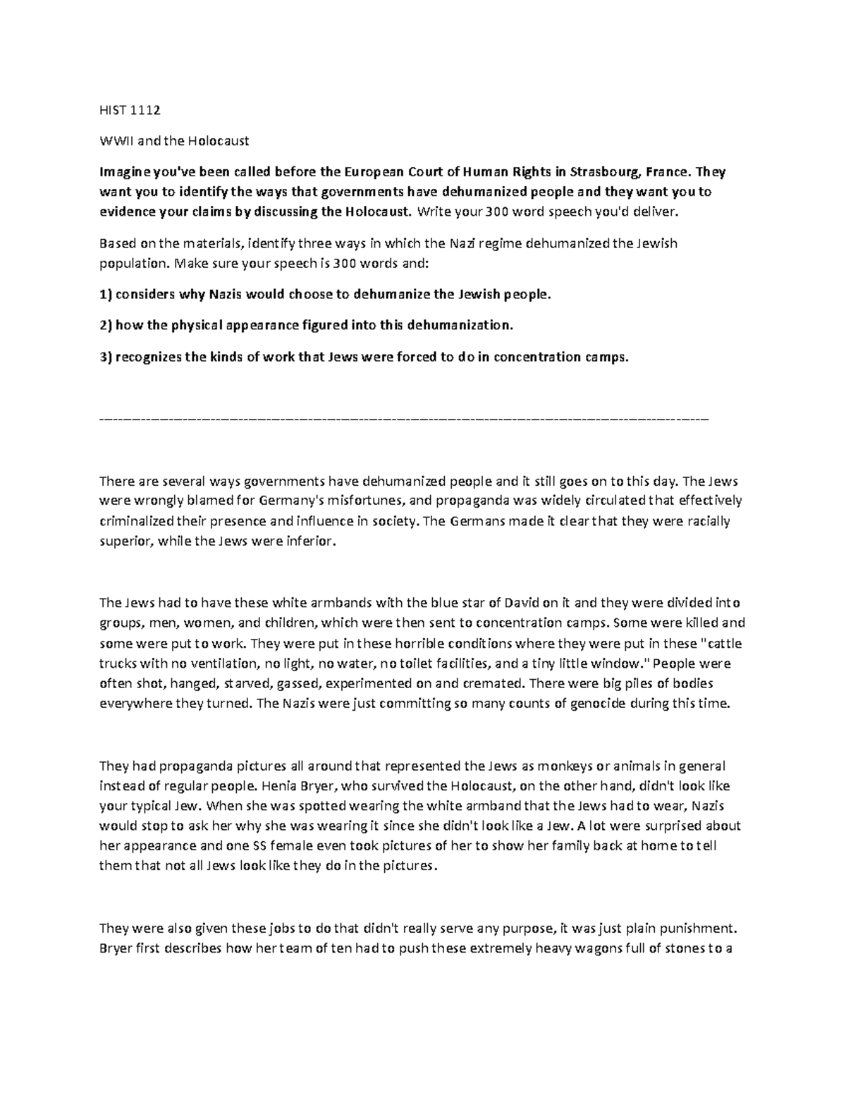 WWII and the Holocause Writing Assignment - HIST 1112 WWII and the ...