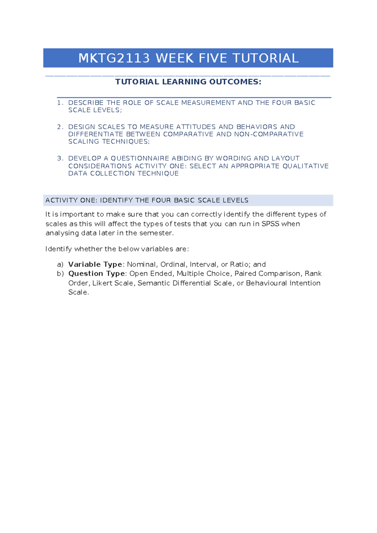 MKTG2113 Week Five Tutorial - MKTG2113 WEEK FIVE TUTORIAL TUTORIAL LEARNING OUTCOMES: 1 ...