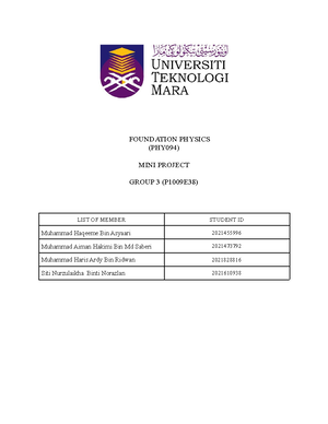 Assignment Physics - UNIVERSITI TEKNOLOGI MARA KAMPUS DENGKIL PHY098 ...