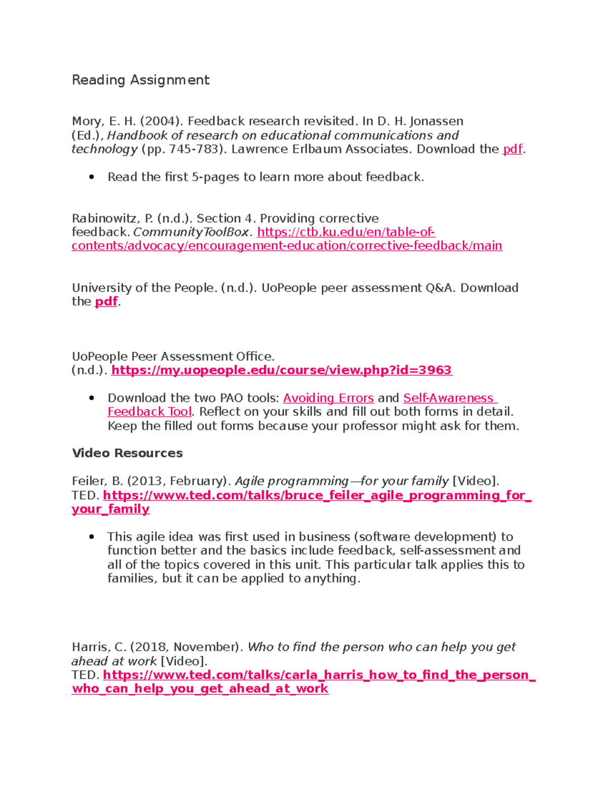 Learning Guide UNIT 4 PSYC 1205 - Reading Assignment Mory, E. H. (2004). Feedback research - Studocu