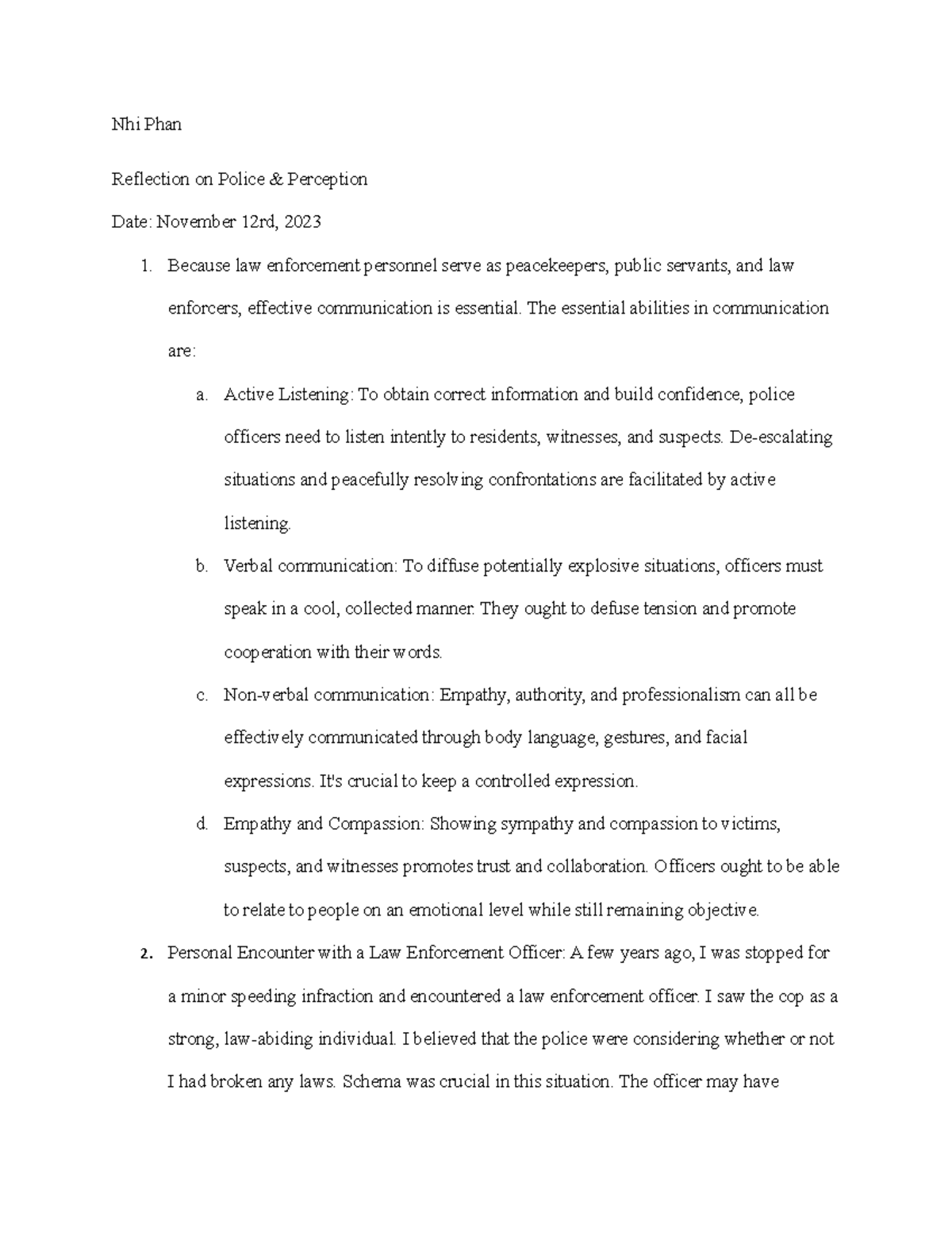 Reflection Police - Nhi Phan Reflection on Police & Perception Date ...