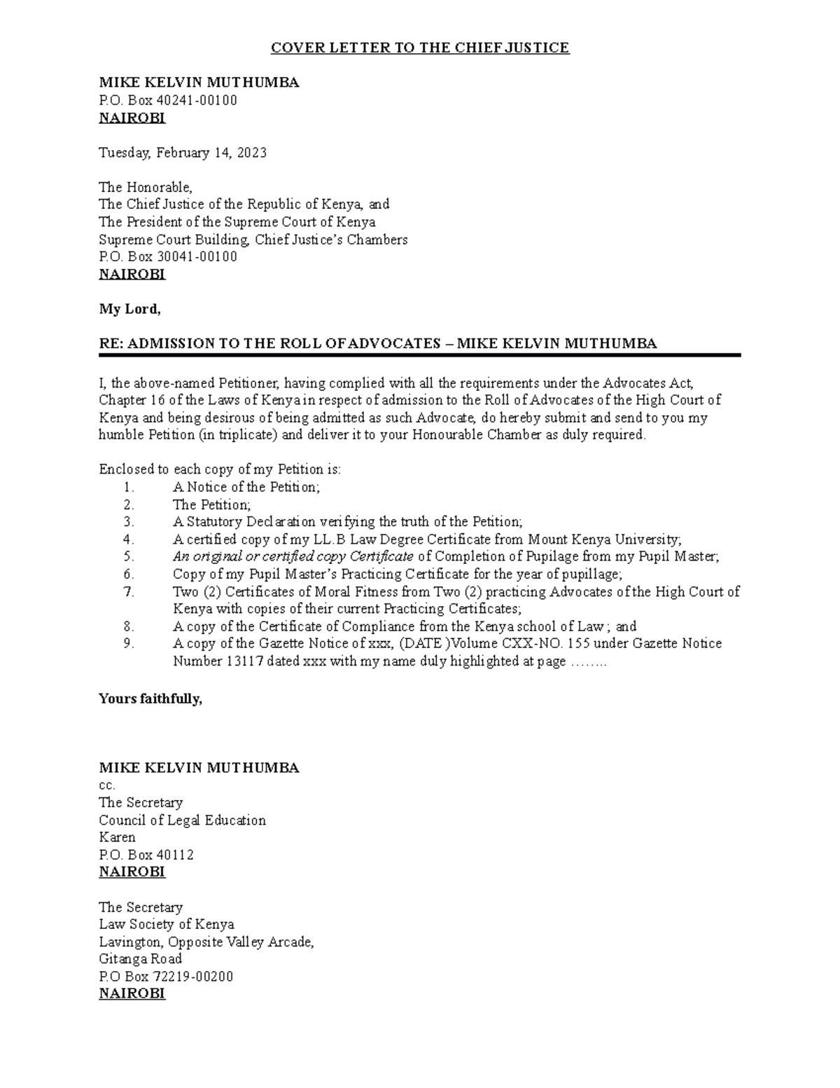 Petition TO THE CJ FOR Admission ( Sample) - COVER LETTER TO THE CHIEF ...