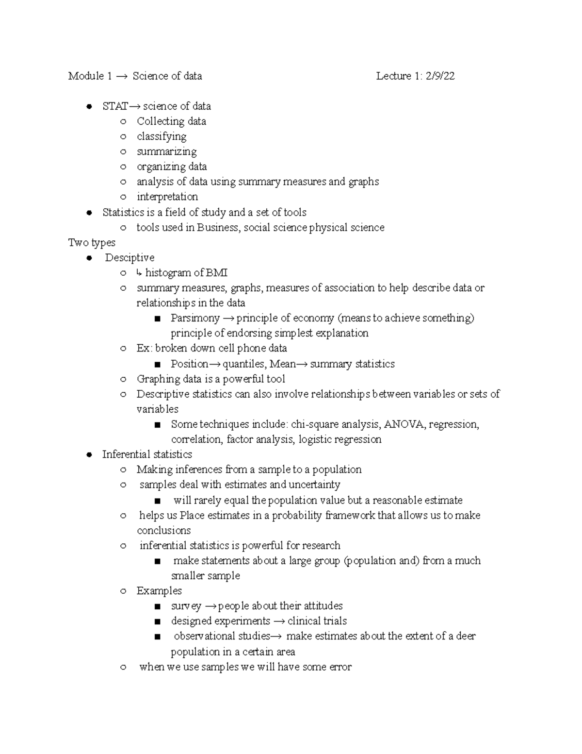 Module 1 - Notes for Stats - Module 1 → Science of data Lecture 1: 2/9 ...