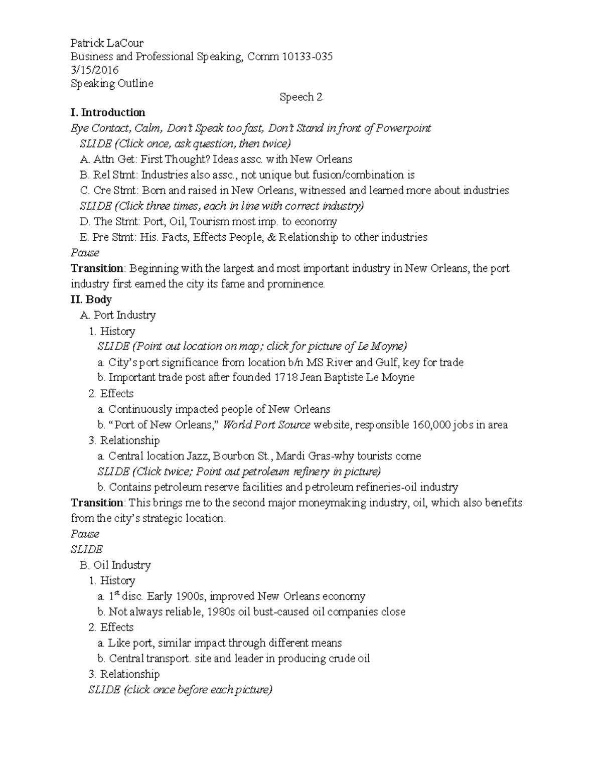 Speech 2 Speaking Outline - Patrick LaCour Business and Professional ...