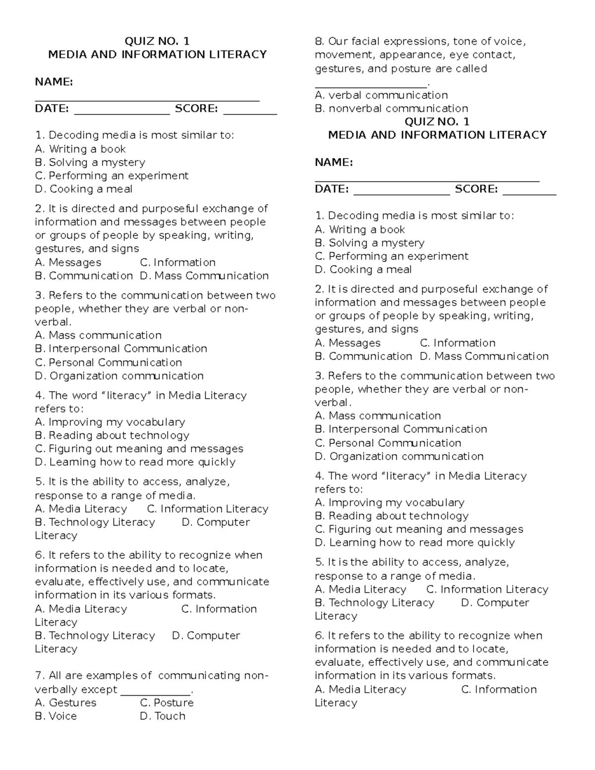 QUIZ NO 1 - Summary Oral Communication - QUIZ NO. 1 MEDIA AND ...