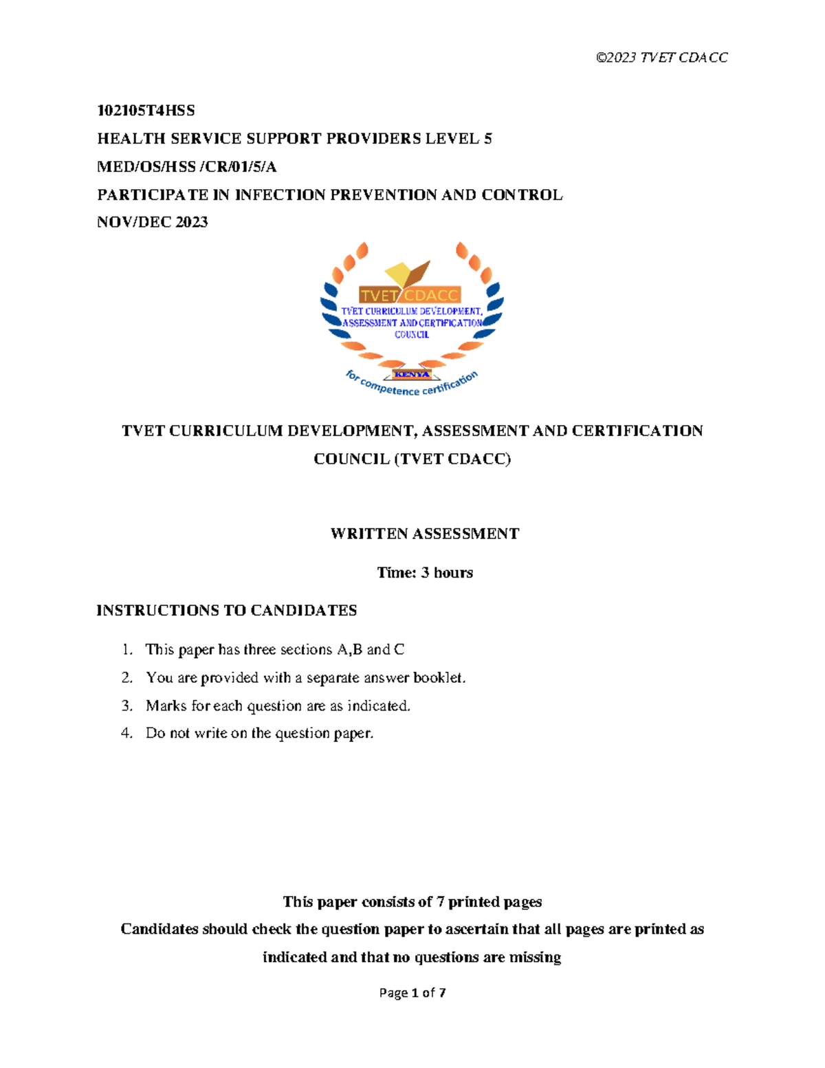 5-Health Services Support Infection Prevention and Control level 5 TVET ...