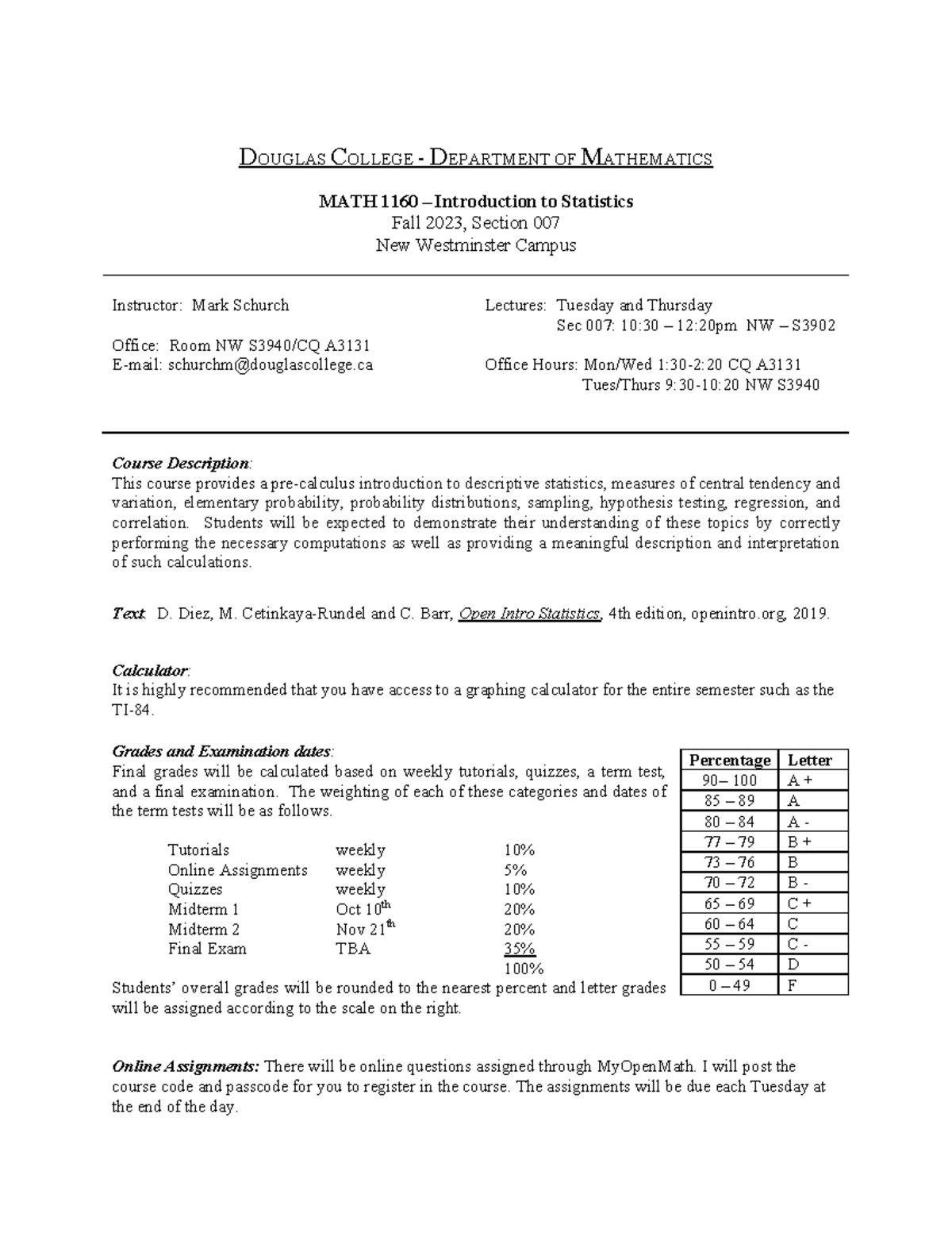 Math 1160 Course outline - DOUGLAS COLLEGE - DEPARTMENT OF MATHEMATICS ...