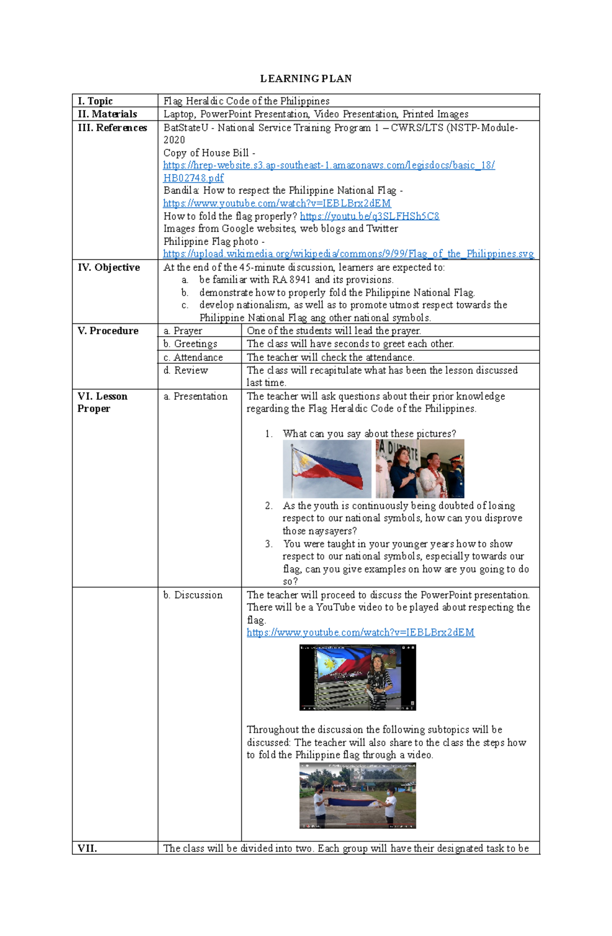 Learning Plan Example - LEARNING PLAN I. Topic Flag Heraldic Code of ...