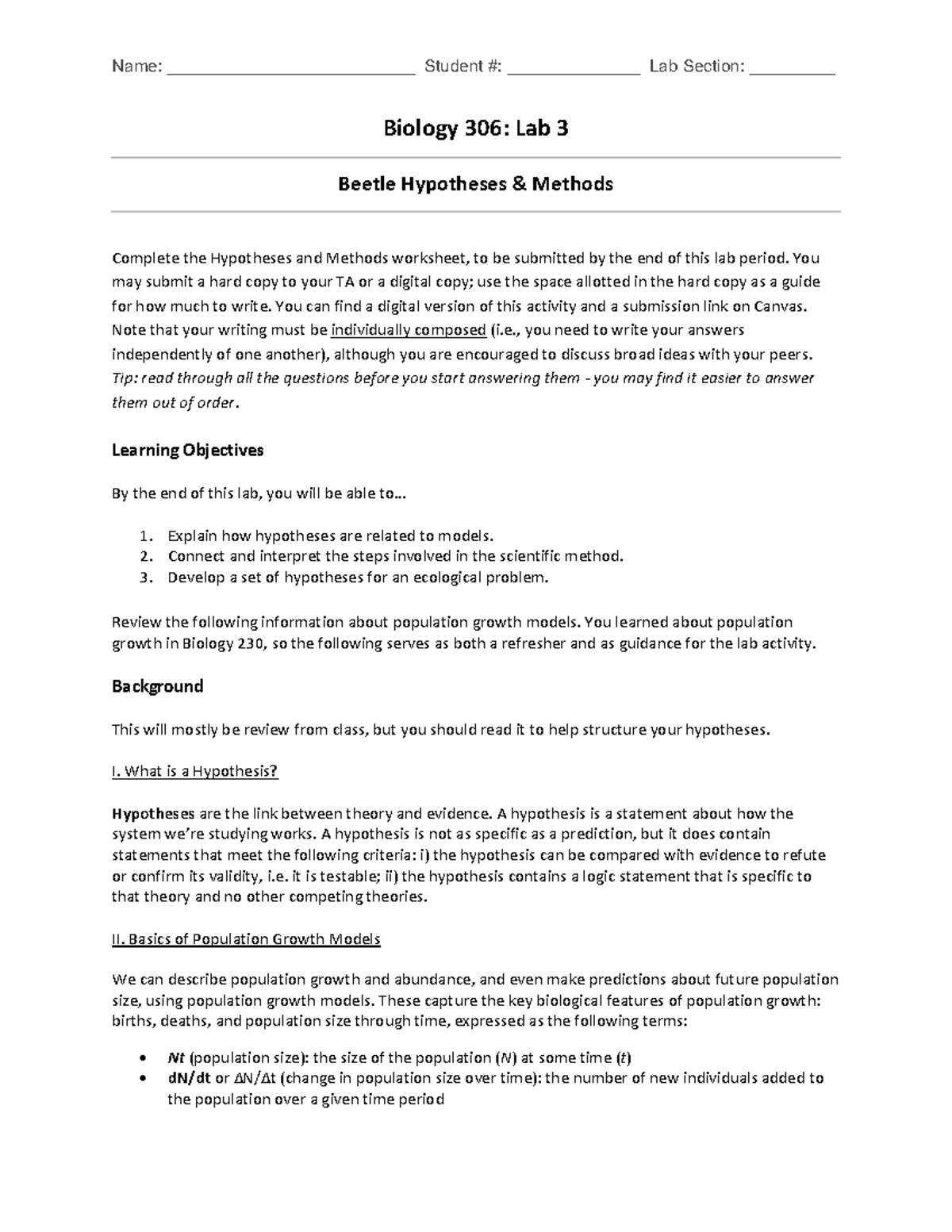Lab 3 - Beetles (Student Version) - Biology 306: Lab 3 Beetle ...
