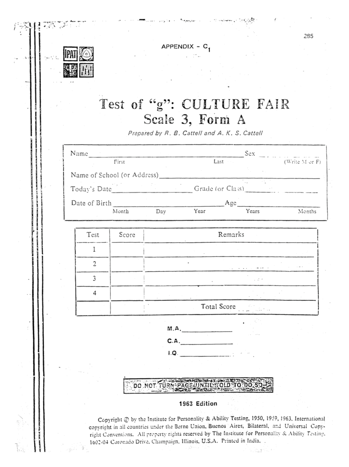 Mental Ability Test - 2S APPENDIX - C 1 Test of “ g” : CULTURE FAIR ...
