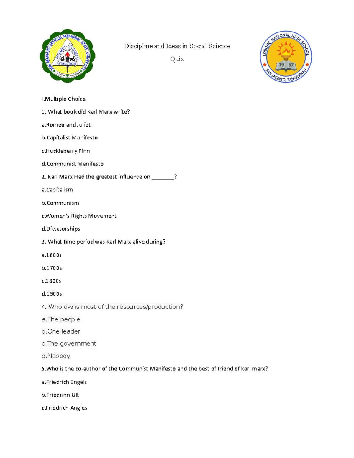 Karl Marx - KARL MARXISM - Discipline and Ideas in Social Science Quiz ...
