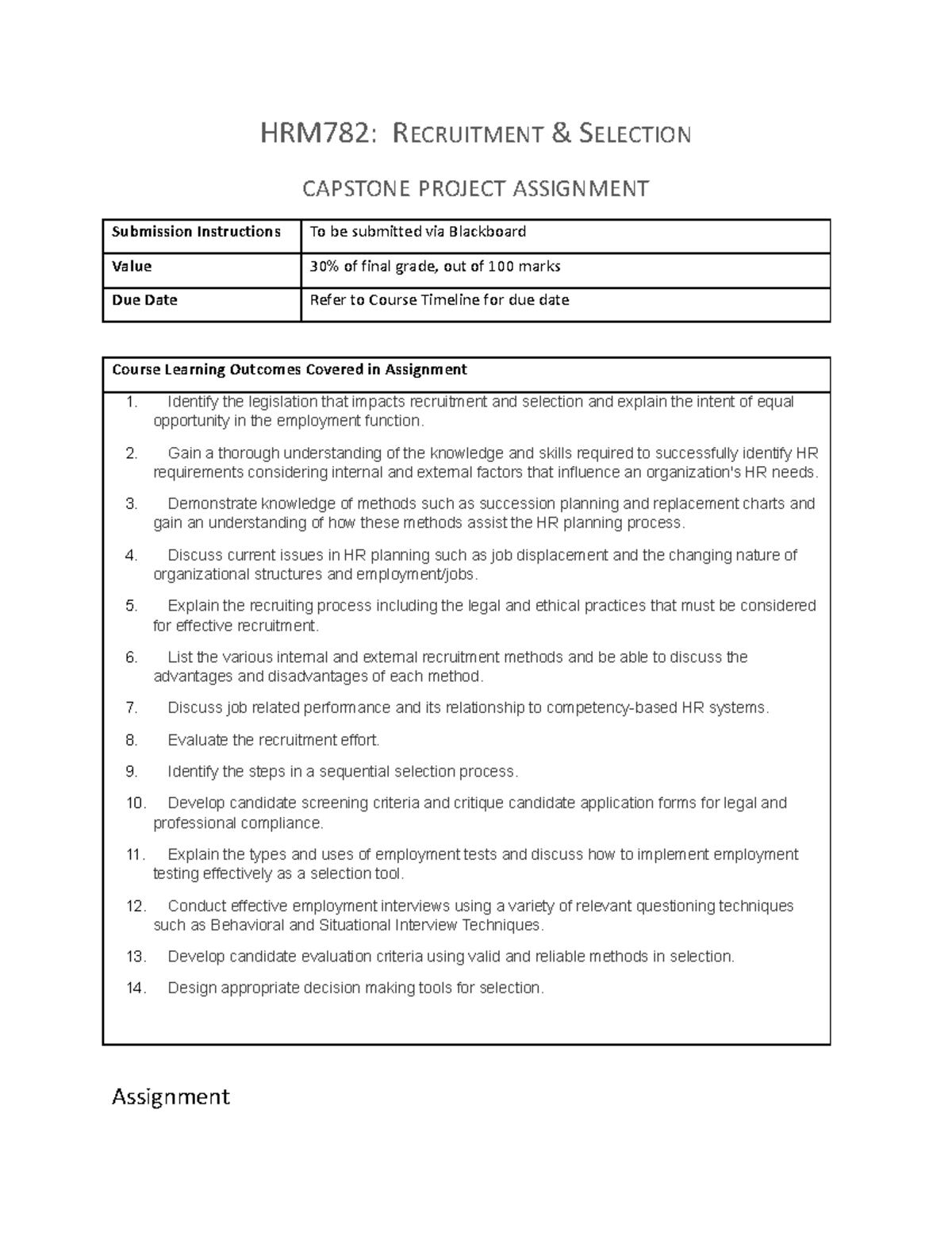 Capstone assignment instructions - HRM782: RECRUITMENT & SELECTION ...
