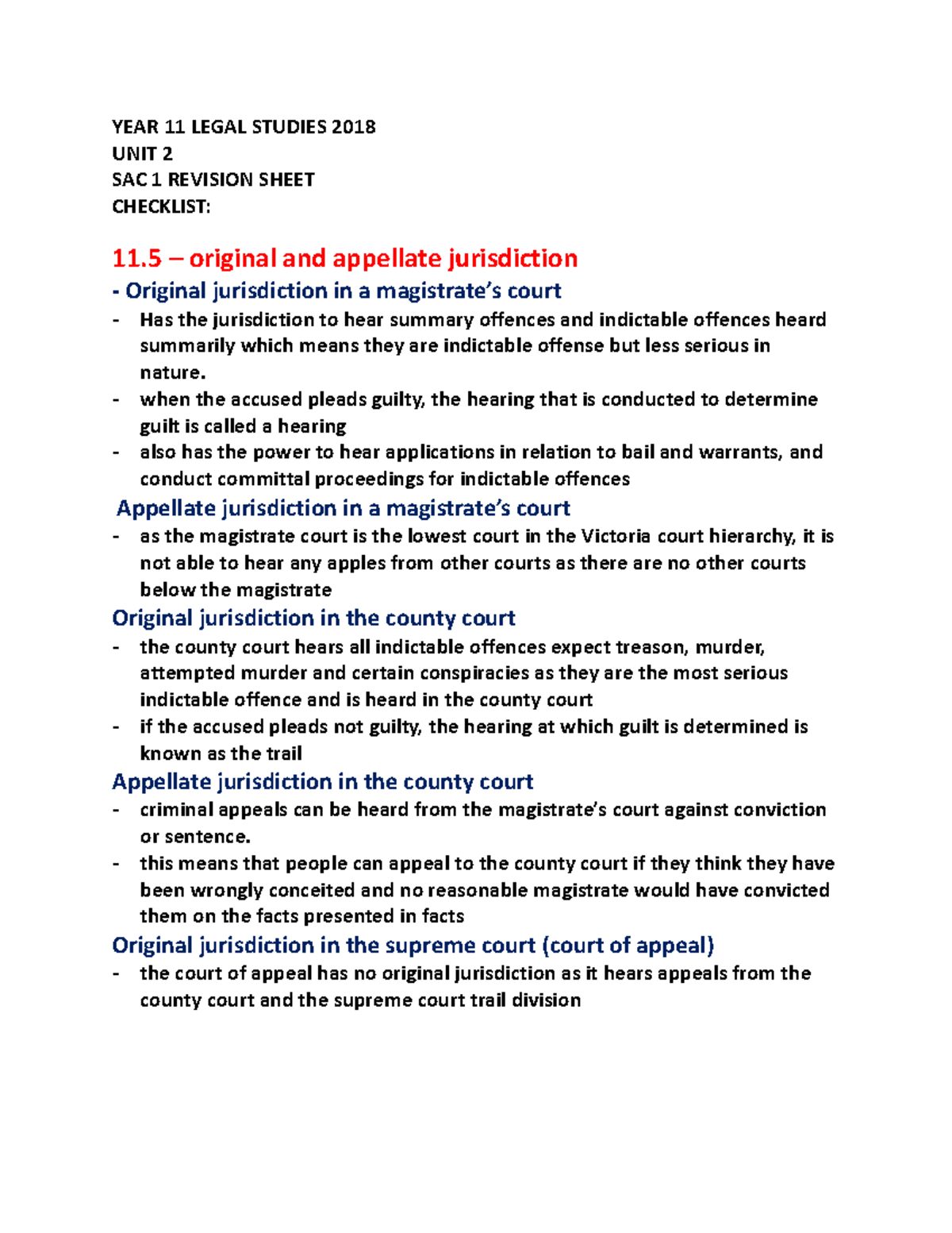 Year 11 Legal Studies 2018 Unit 2 SAC 1 Revision Sheet Checklist - Studocu