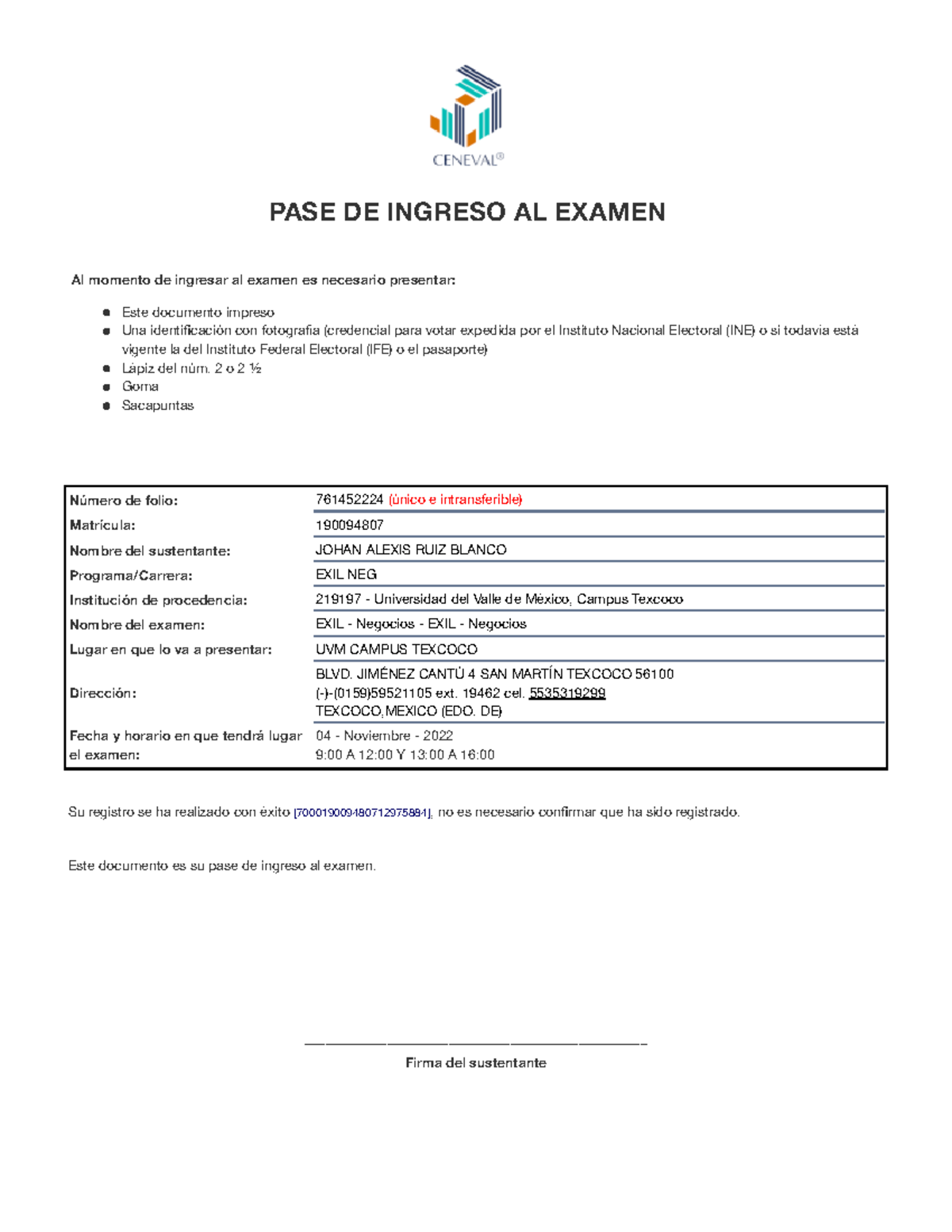 Pase de ingreso al examen ceneval - PASE DE INGRESO AL EXAMEN Al ...