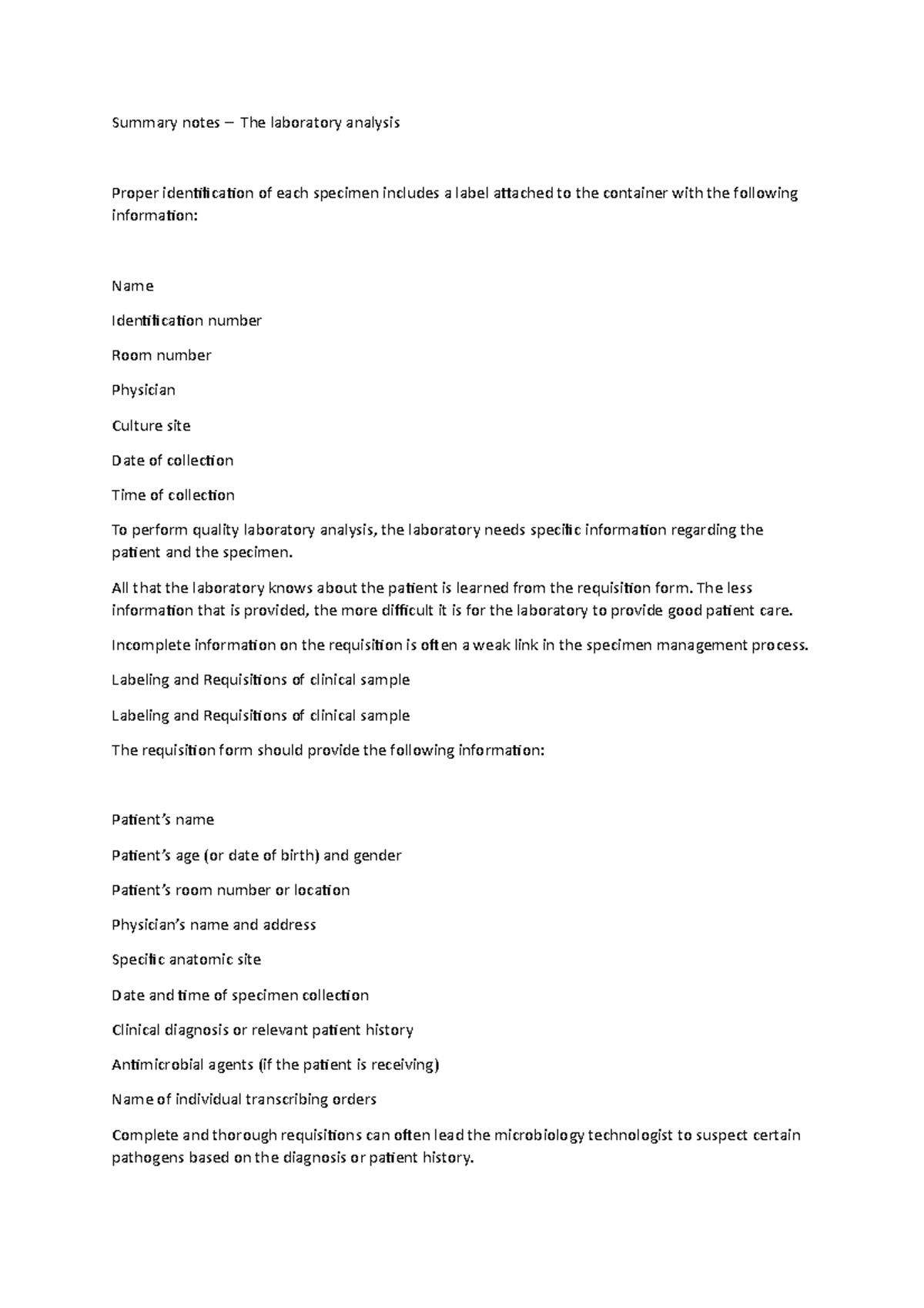 Summary Notes The Laboratory Analysis Summary Notes The