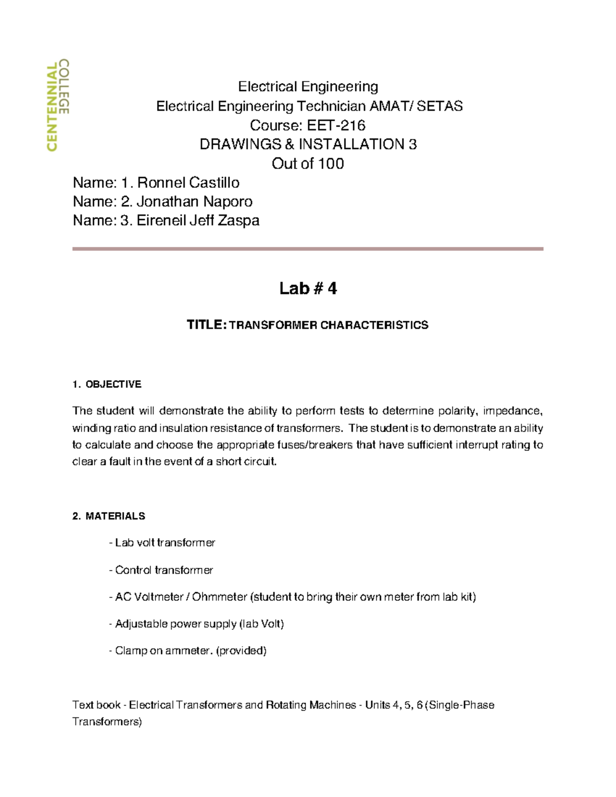 EET-216 LAB # 4 - Transformer construction and testing - Electrical ...