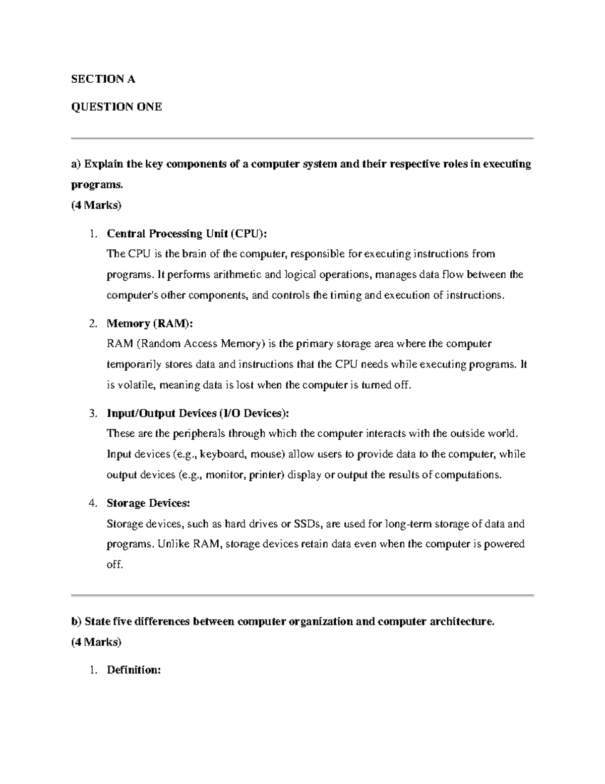 Paper 7 - Practice task - SECTION A QUESTION ONE a) Explain the key ...