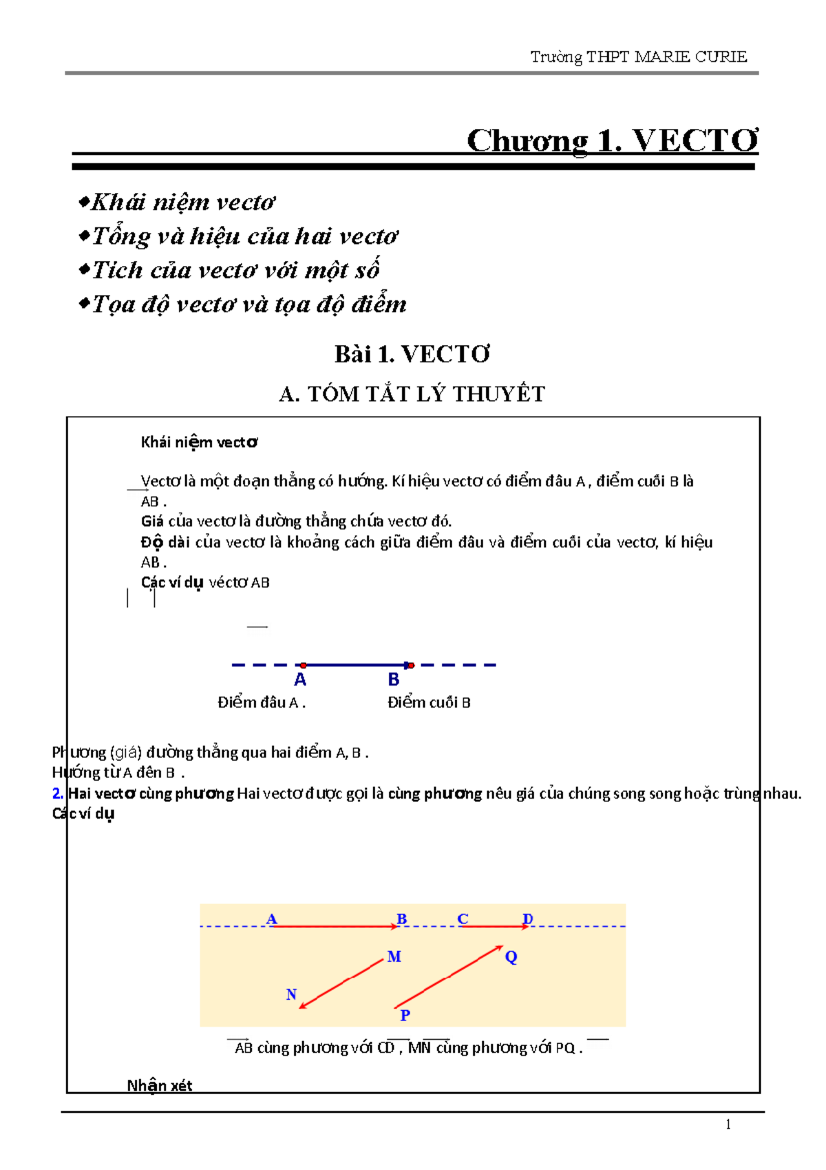 Cac dang bai tap vecto - rất tốt - Trường THPT MARIE CURIE 1 Khái ni ệm vectơ Vect ơ là m ột đo ...