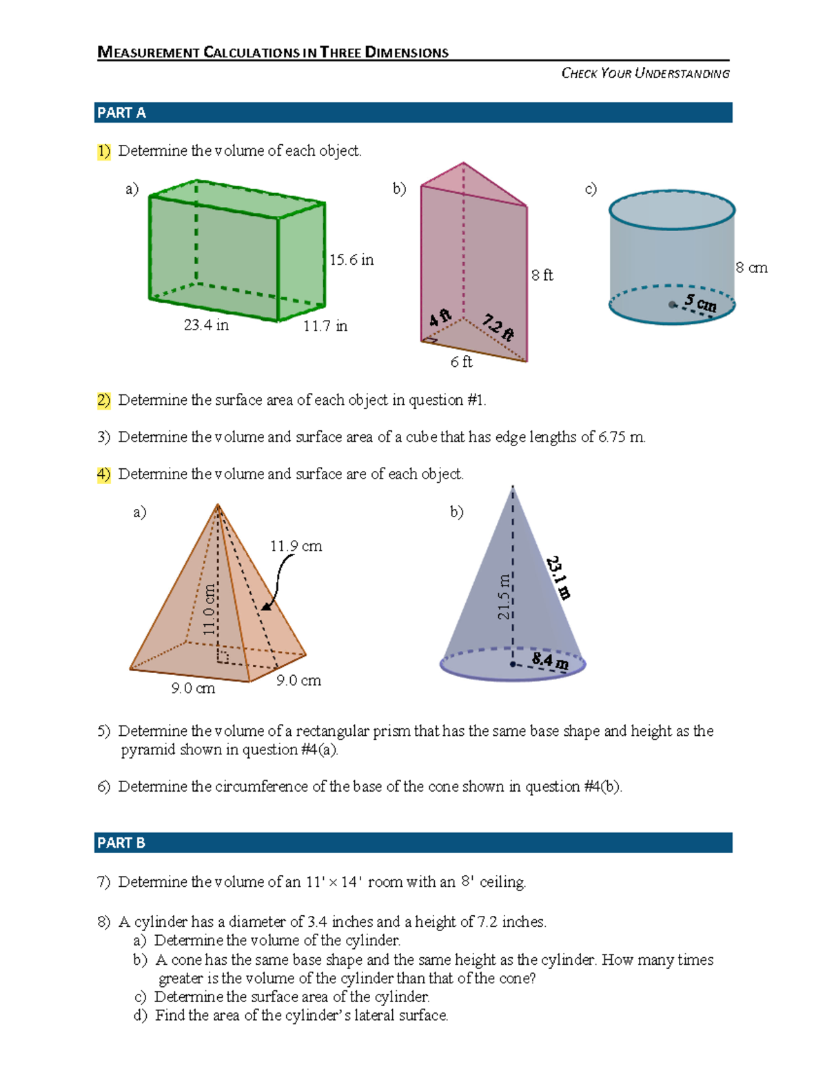 Unit 6.4 - Volume and Surface Area Seatwork - 8 cm 21 m 15 in 23 in 11 ...