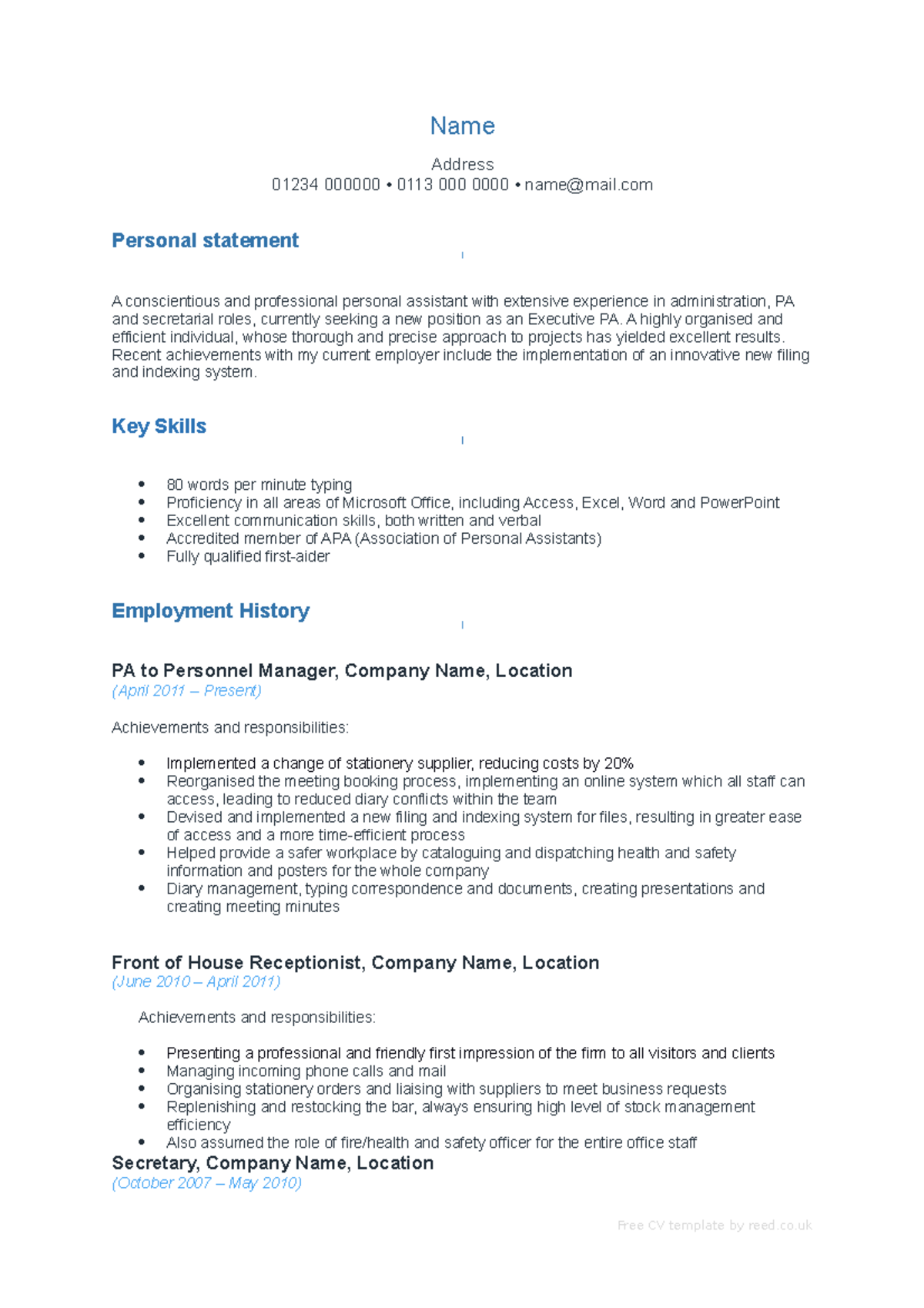 simple and easy CV-template - fill in - Name Address 01234 000000 ...