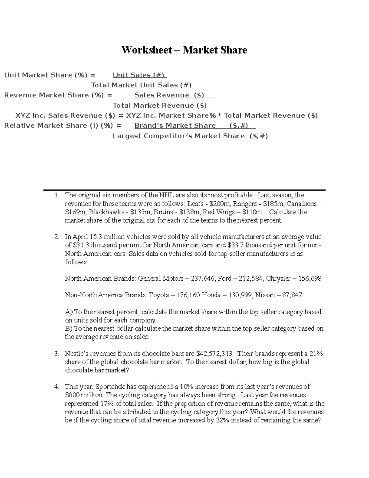 Market Share Questions with Answers - Worksheet – Market Share 1. The ...