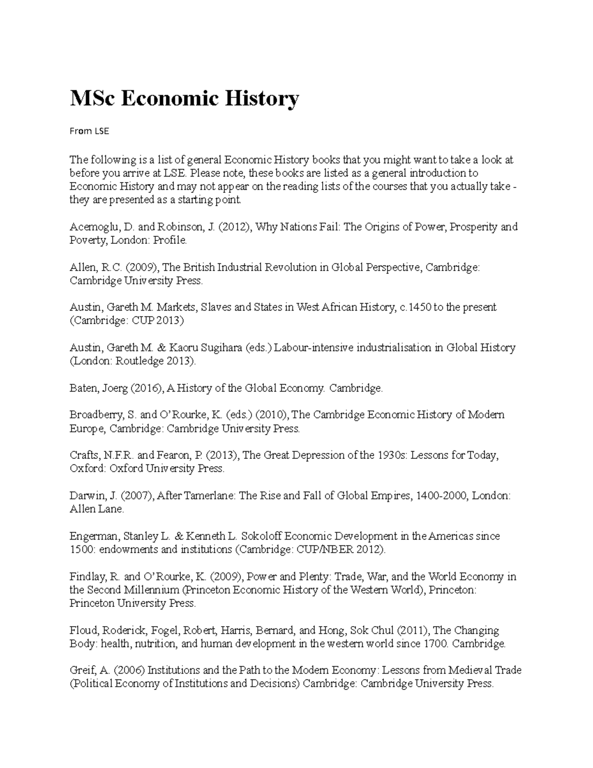 MSc Economic History preliminary readings - MSc Economic History From ...