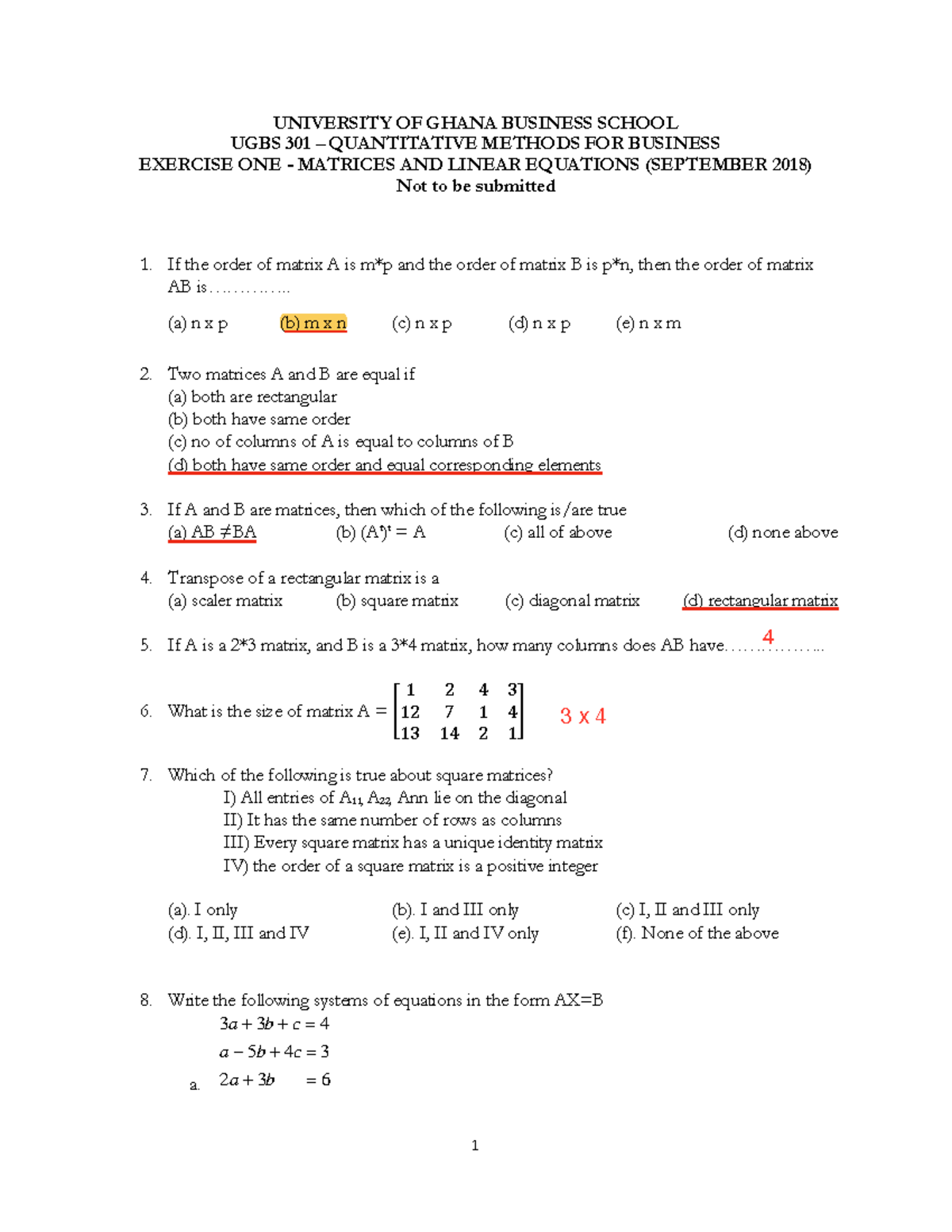 Set 1 matrix - UNIVERSITY OF GHANA BUSINESS SCHOOL UGBS 301 – QUANTITATIVE METHODS FOR BUSINESS ...