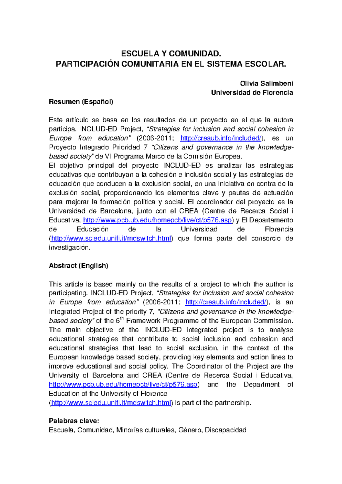 Escuela y Comunidad. participación comunitaria en el sistema escolar ...