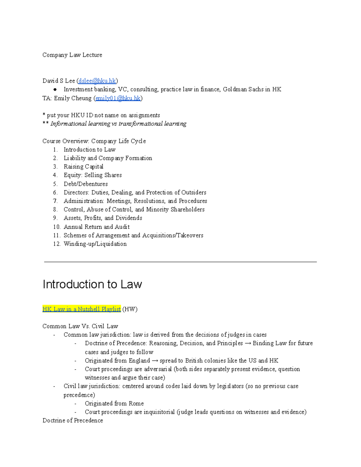 Company Law Lecture Notes - Company Law Lecture David S Lee (dslee@hku ...