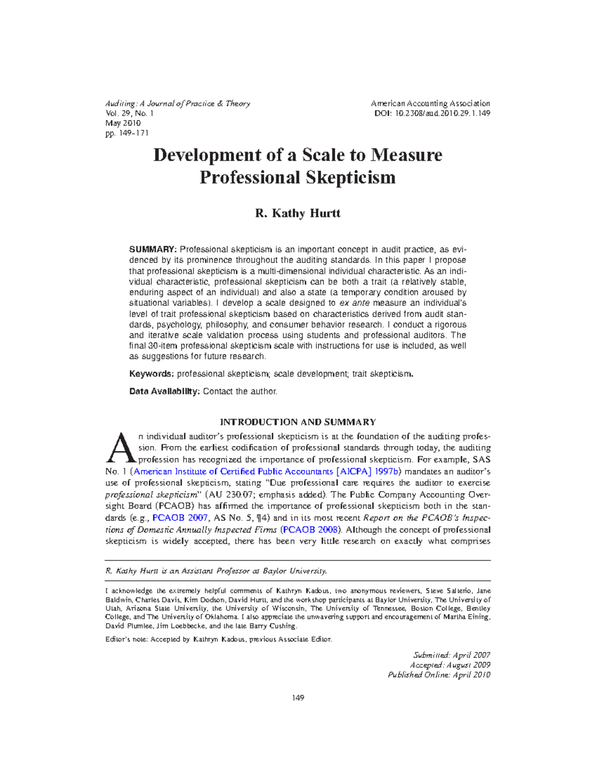 Hurtts - for research - Development of a Scale to Measure Professional ...