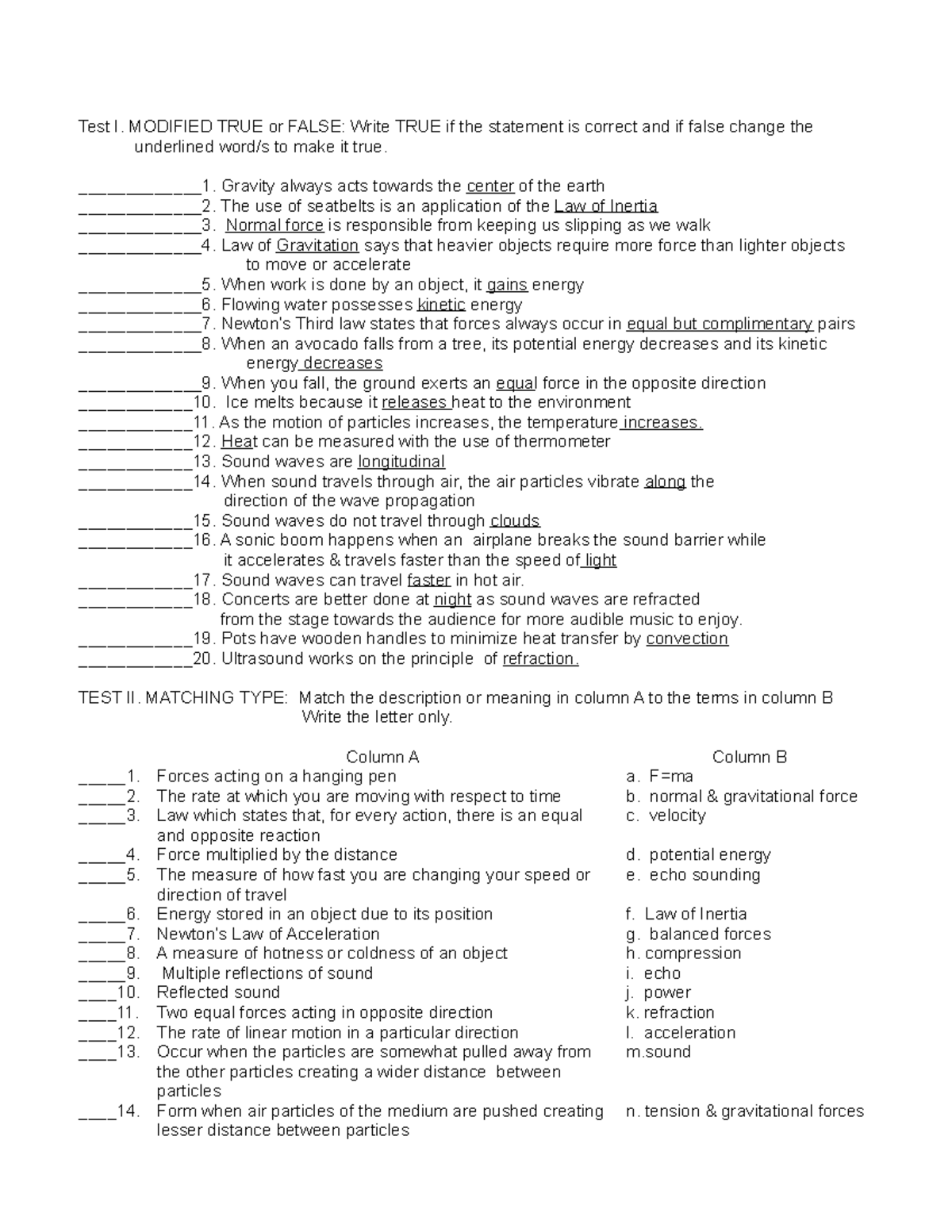 LONG EXAM 1ST Physics 22 23 - Test I. MODIFIED TRUE or FALSE: Write ...