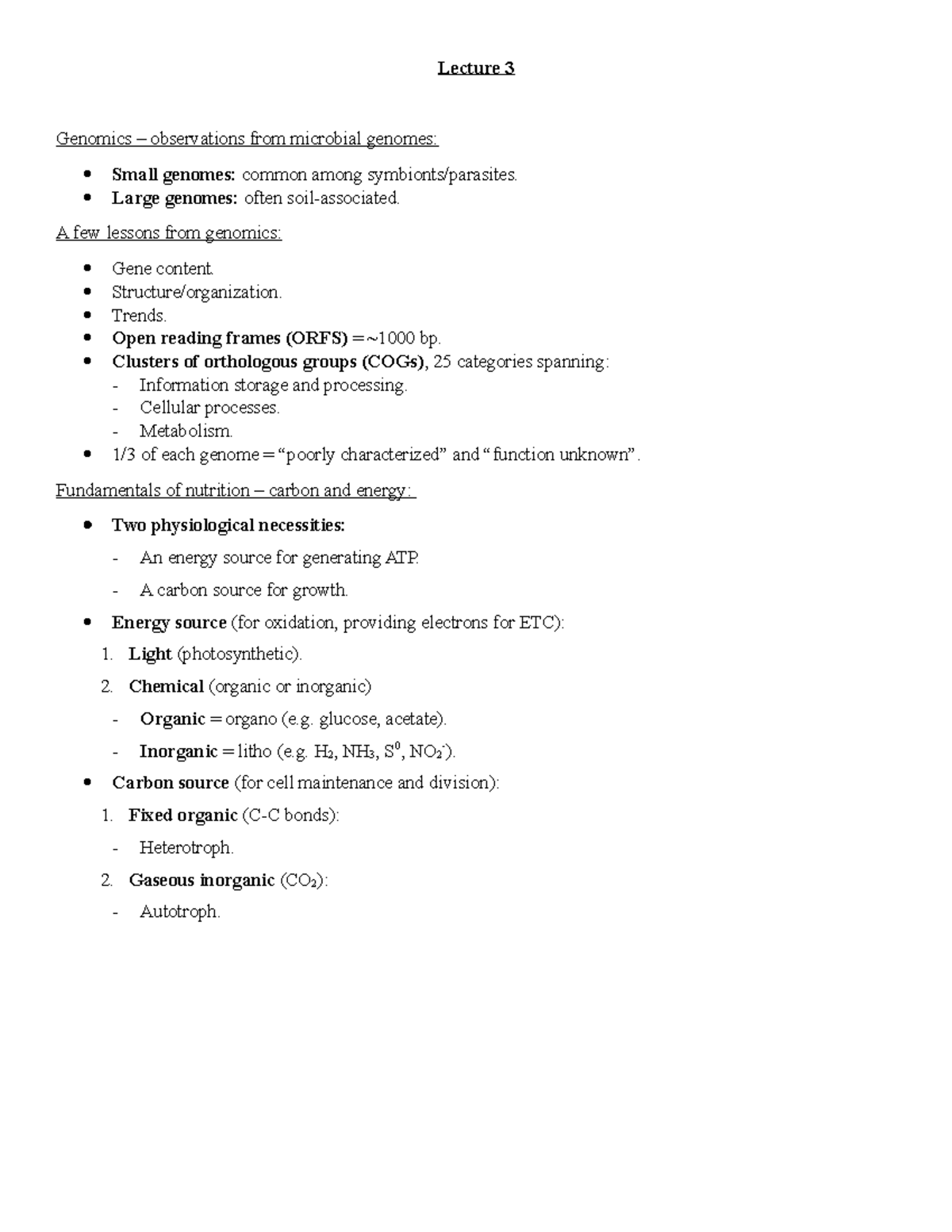Lecture 3 Notes - Lecture 3 Genomics – observations from microbial ...