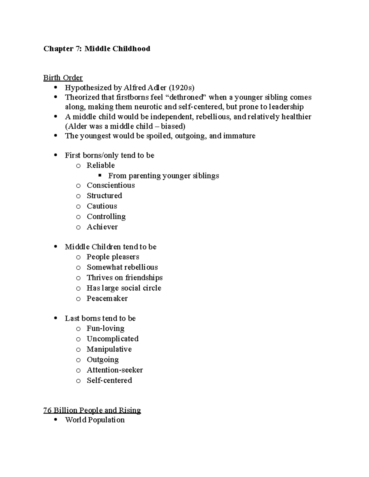 Chapter 7 Lecture Notes - Chapter 7: Middle Childhood Birth Order ...