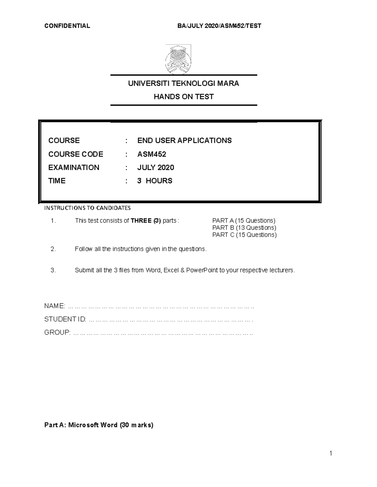 SET 1 Question - INSTRUCTIONS TO CANDIDATES This test consists of THREE ...