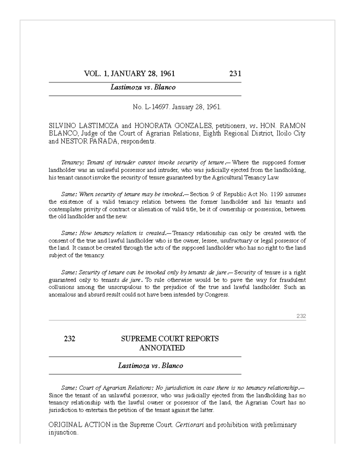 Lastimoza vs. Blanco - Lecture notes 1 - VOL. 1, JANUARY 28, 1961 231 ...