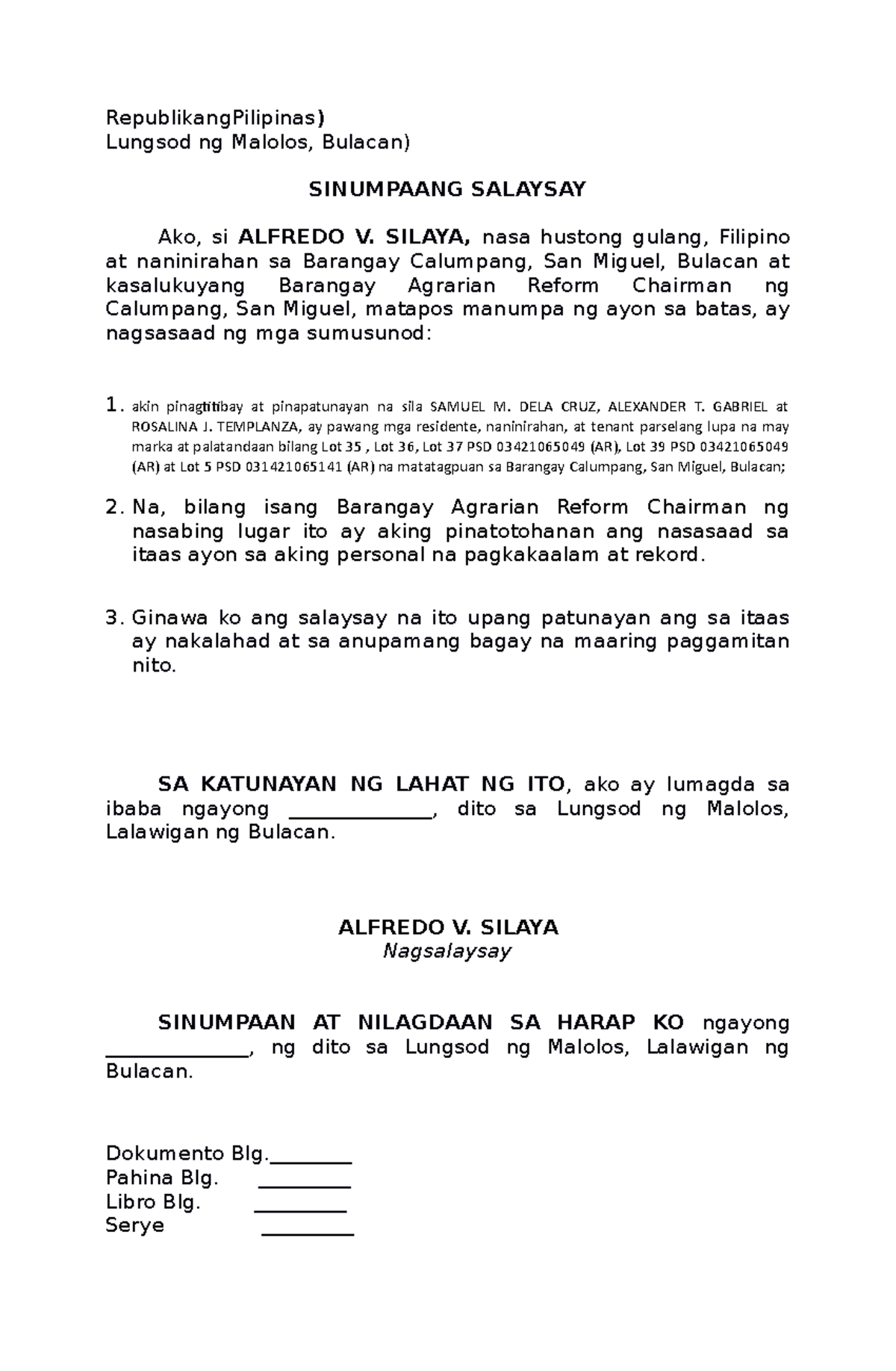 Sinumpaang Salaysay - Aldrin Galupo - RepublikangPilipinas) Lungsod ng ...