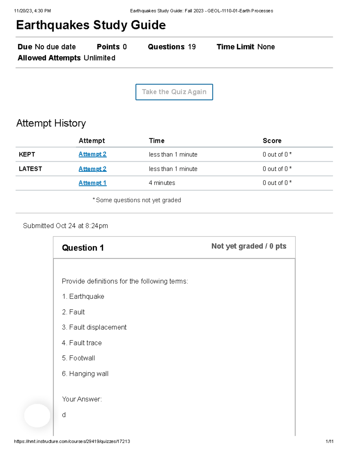 Earthquakes Study Guide Fall 2023 - GEOL-1110-01-Earth Processes ...