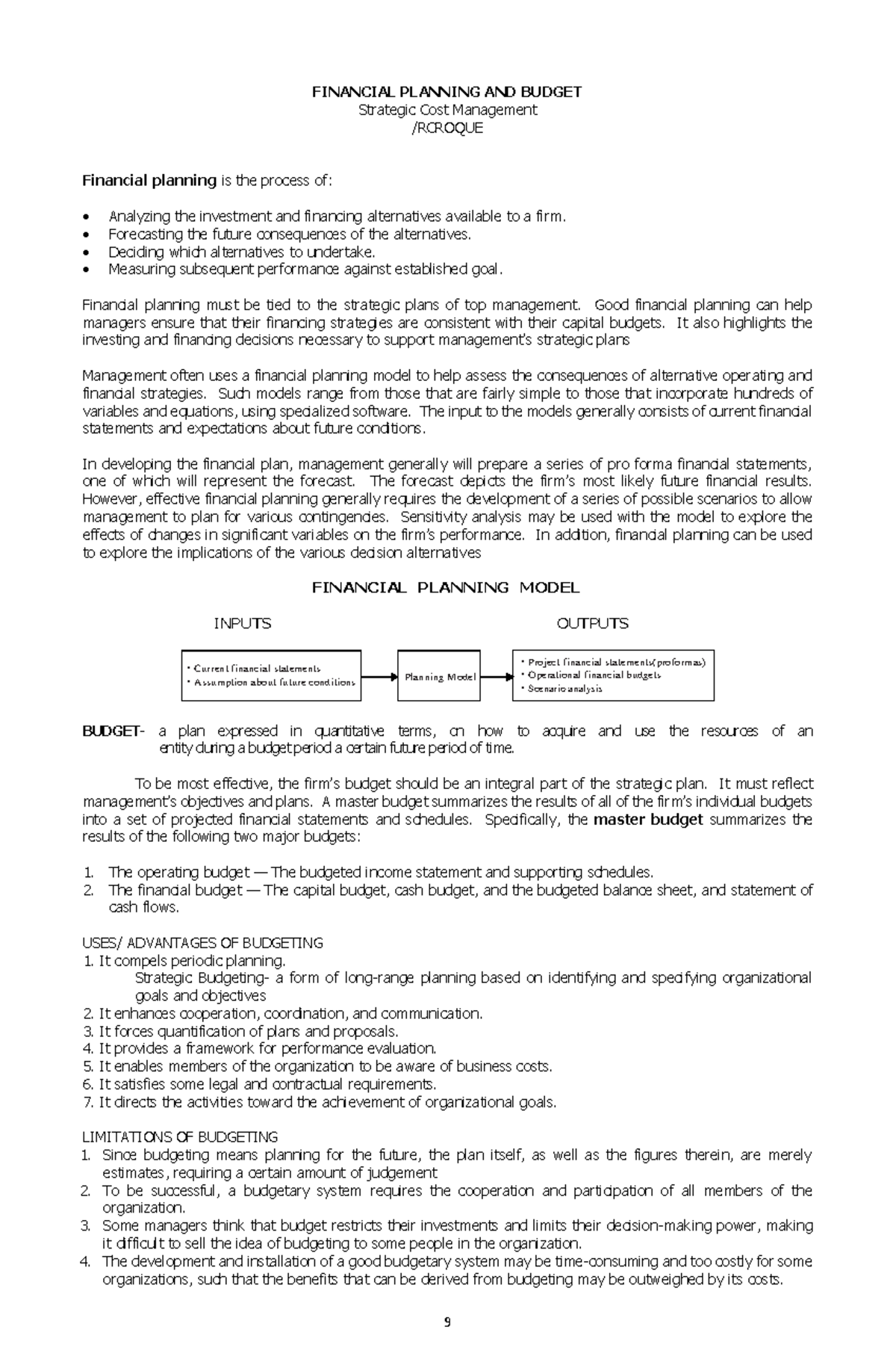 05 Financial Planning and Budgets Handout - Warning: TT: undefined function: 32 FINANCIAL ...