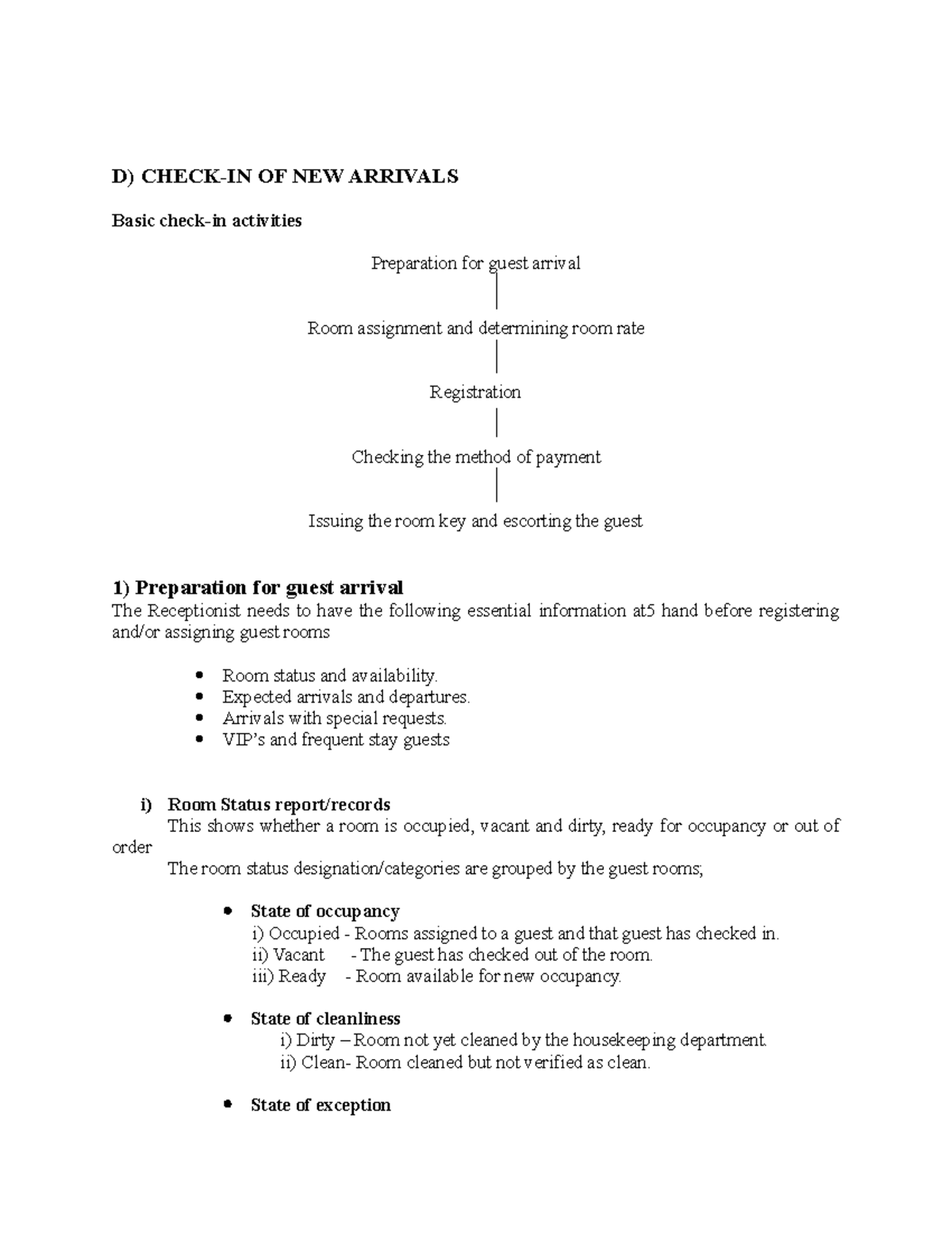 Front off procedres contd - D) CHECK-IN OF NEW ARRIVALS Basic check-in ...